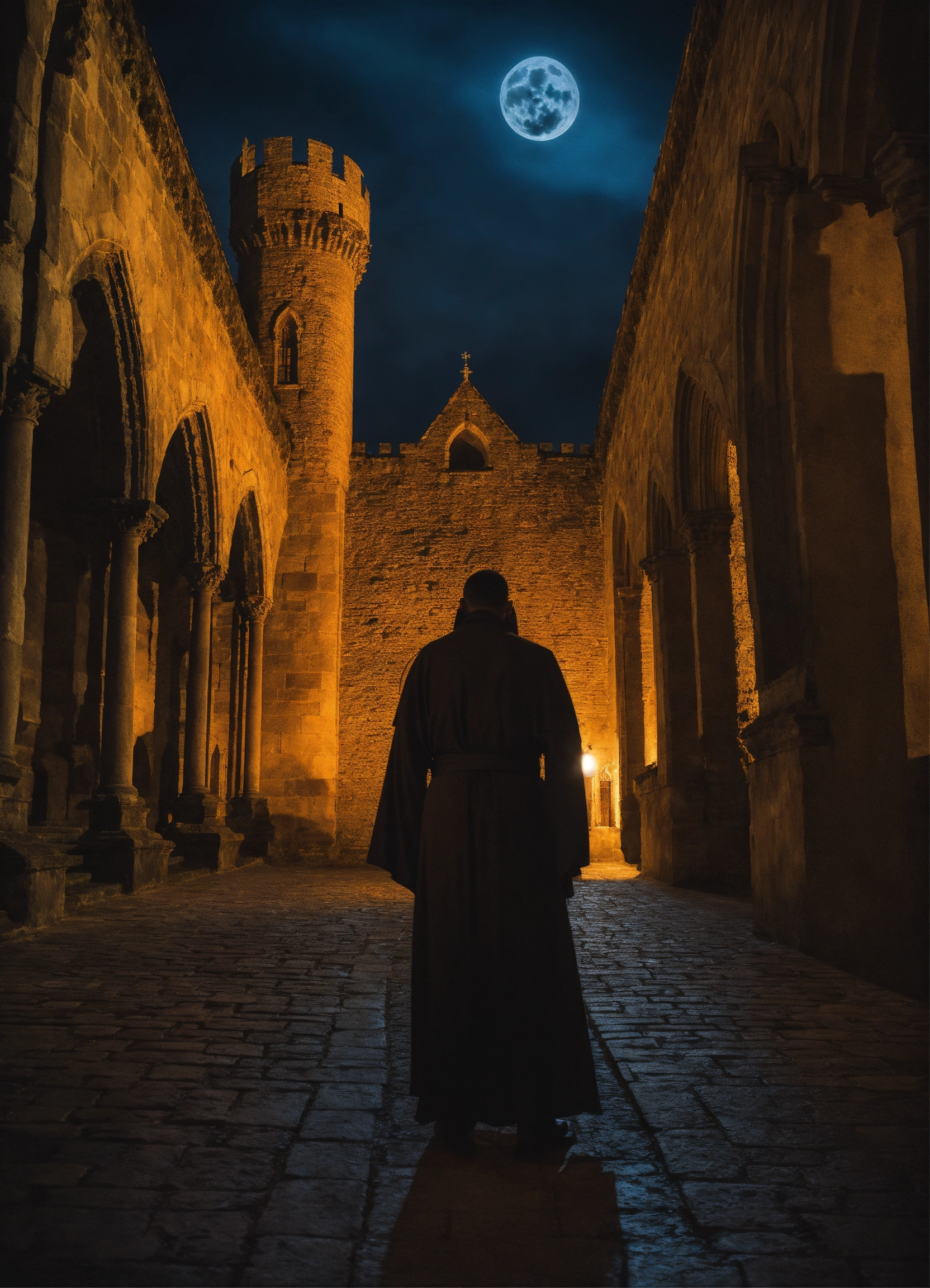 Lexica - Spooky gothic castle courtyard, night, ghostly monk standing