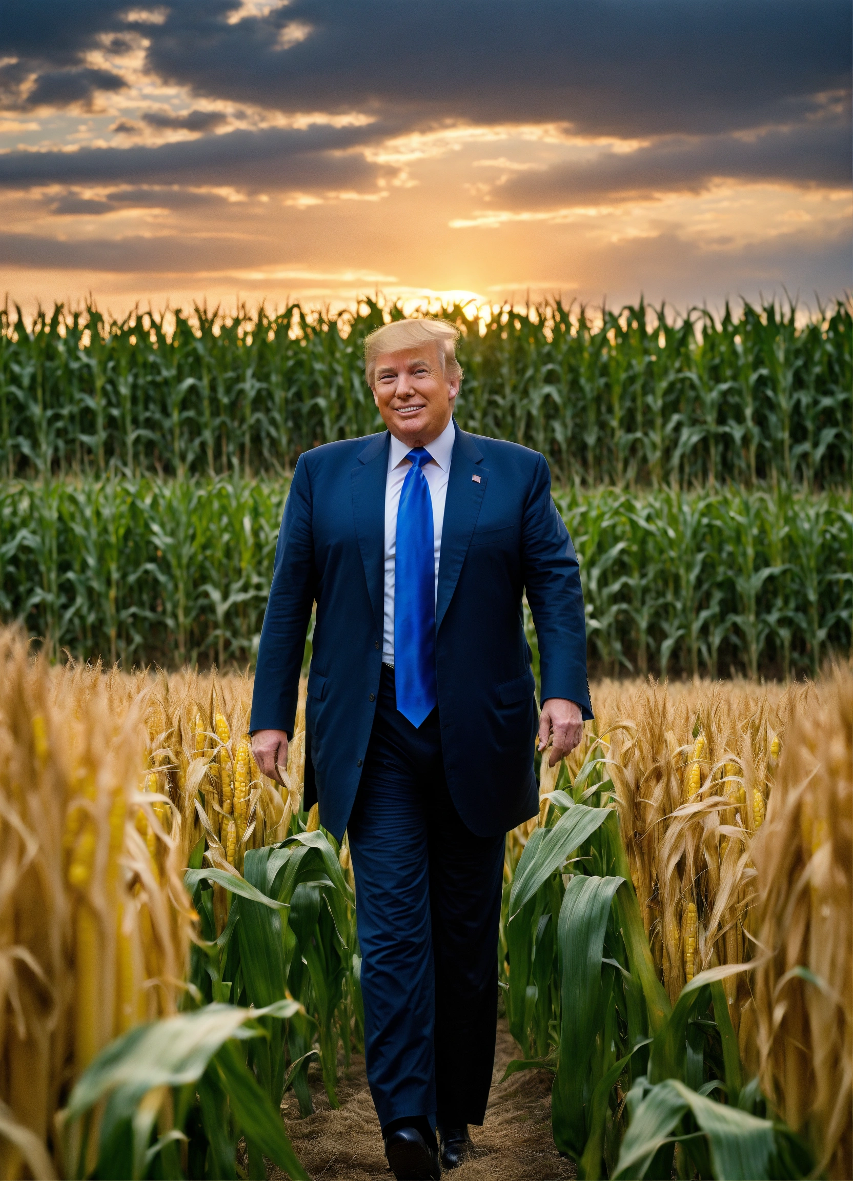 Lexica - Donald trump, looking happy in a corn field, cows in background