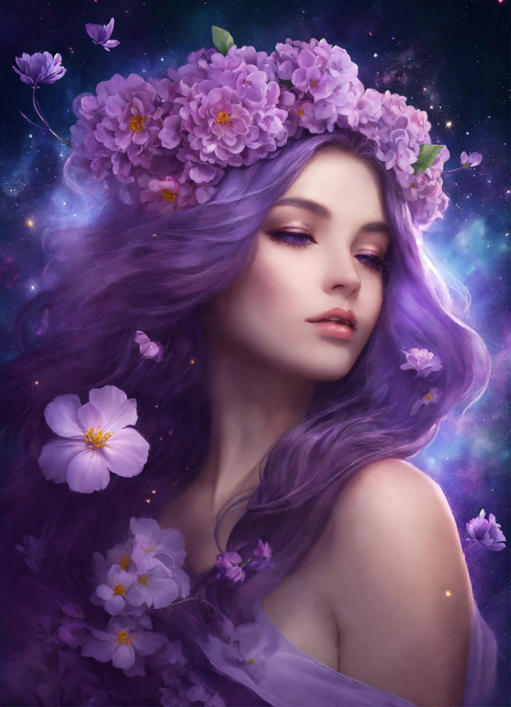 Lexica - Beautiful universe girl with flowers in her hair lilac color