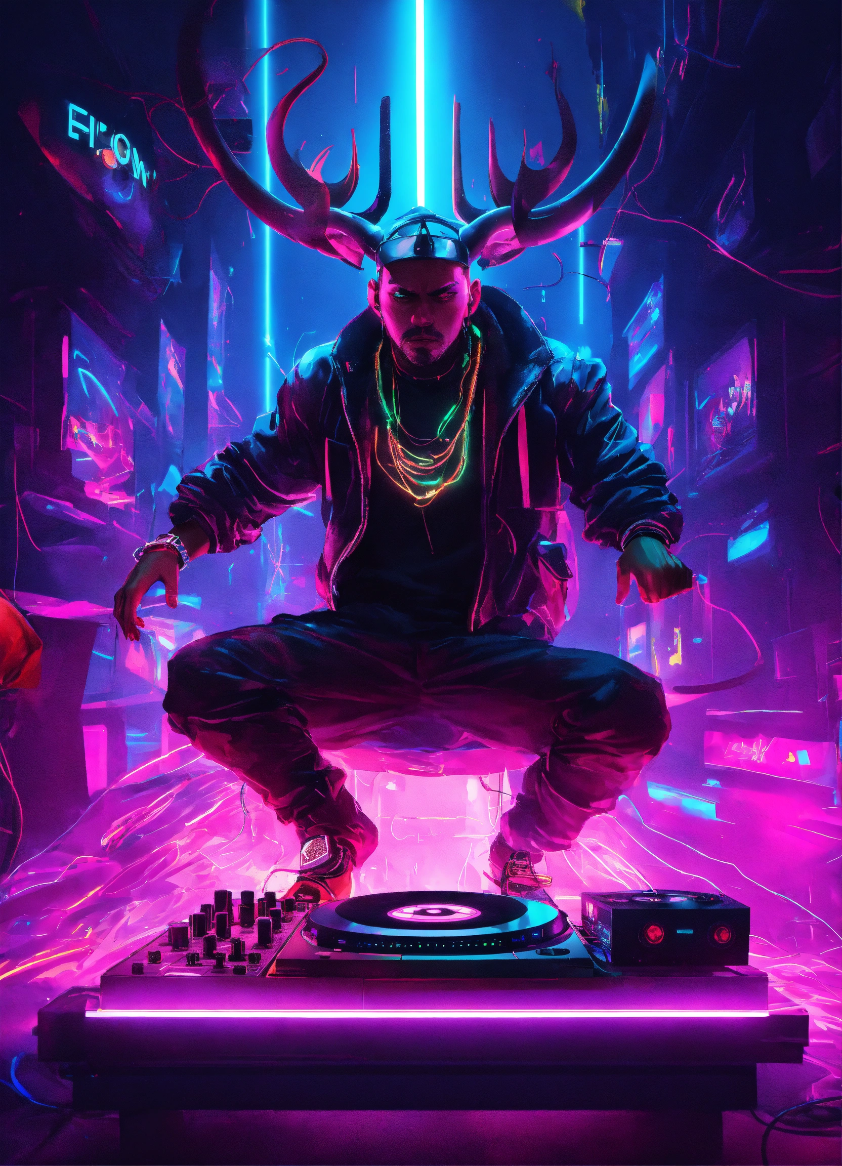 Lexica - A epic DJ character with chaotic elements and dramatic neon ...