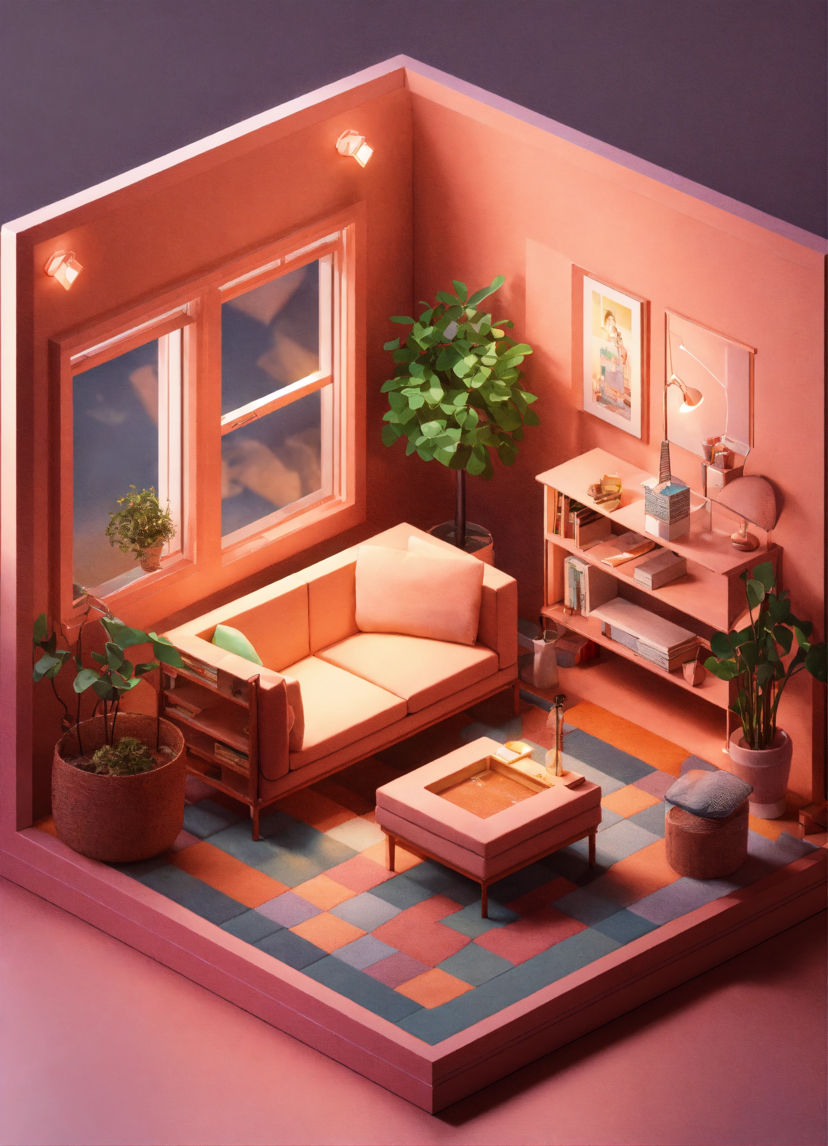 Lexica - Cube cutout of an isometric living room, 3d art, pastel colors ...