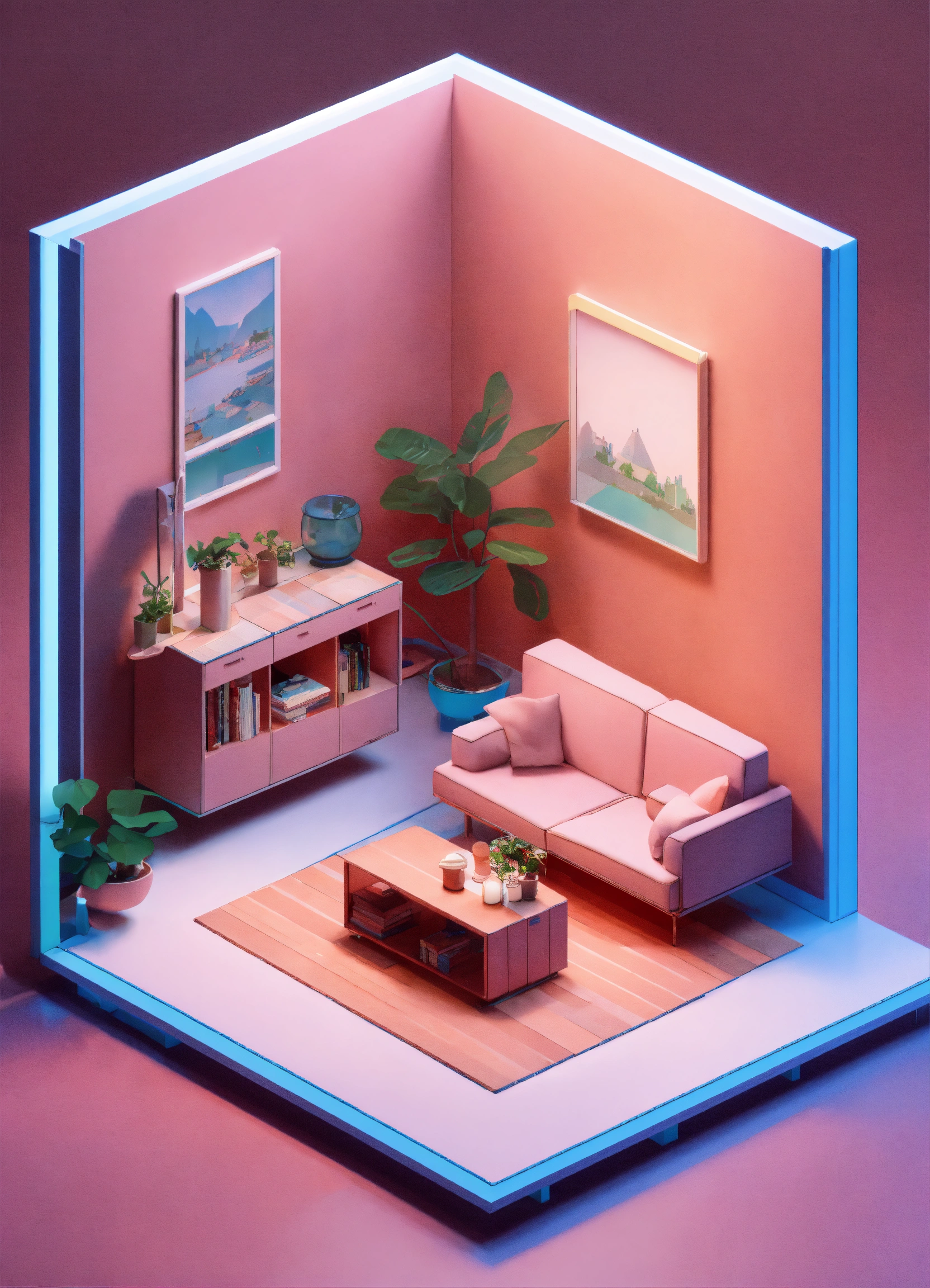 Lexica - Cube cutout of an isometric living room, 3d art, pastel colors ...