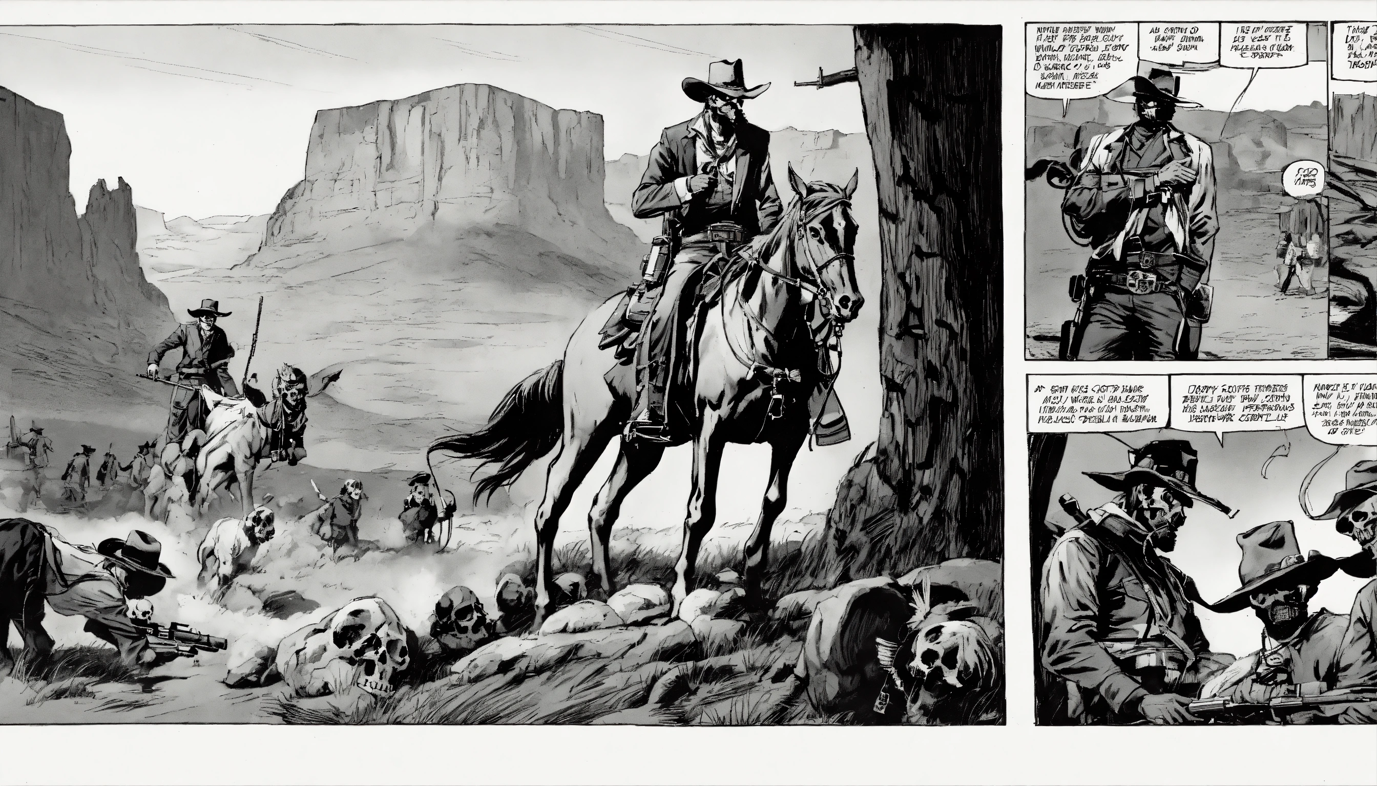 Lexica - A classic far west comic page vignettes , 4 skull face cowboys ...
