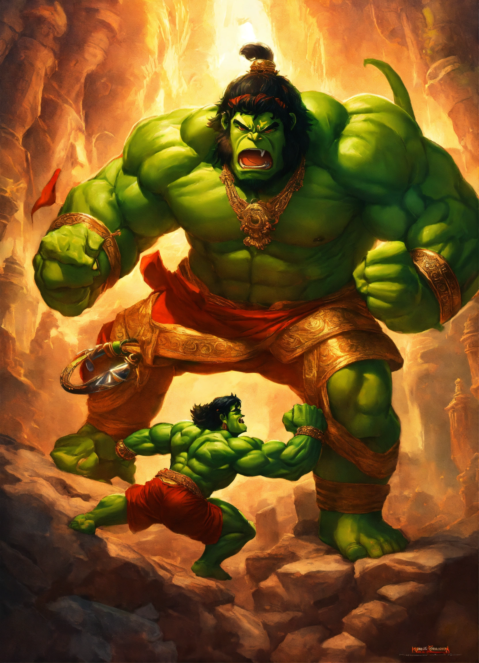 Lexica - Show Lord Hanuman fighting with Hulk and where Hulk is in pain