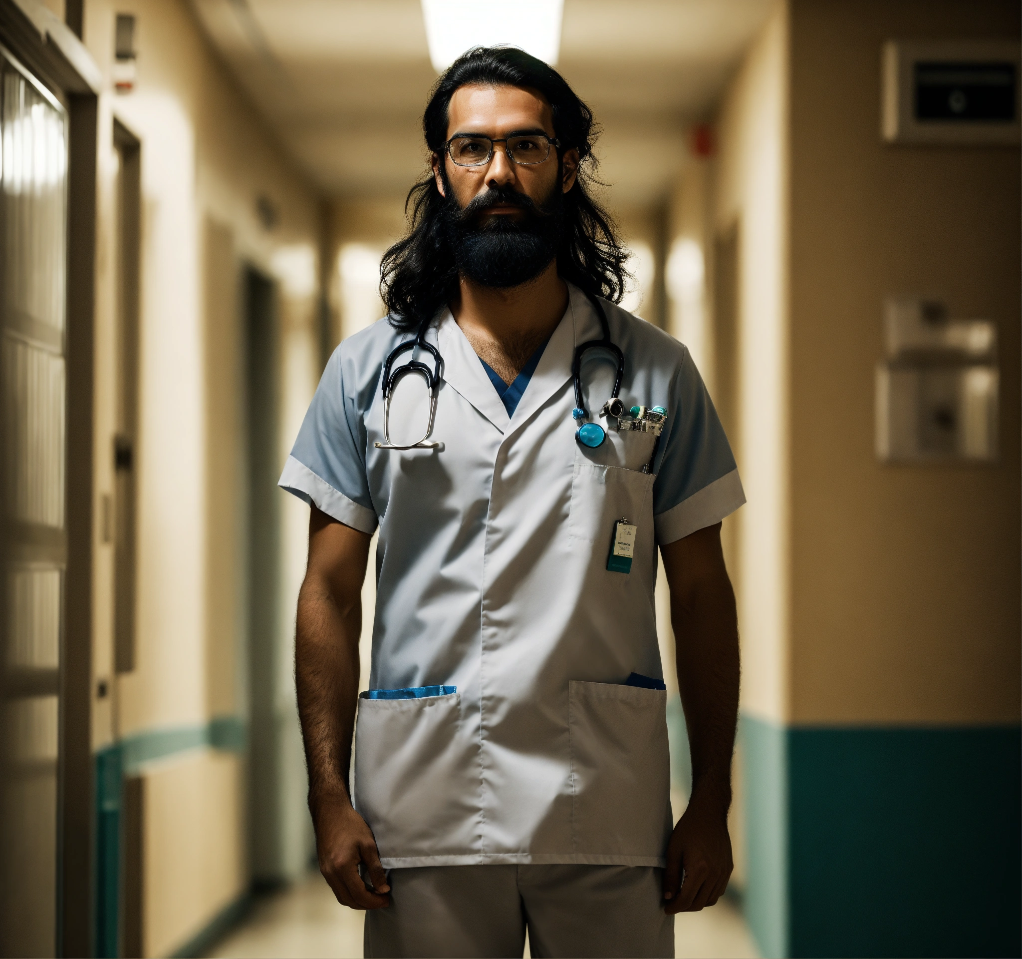 Lexica - Hospital nurse man skinny and tall with black long hair and ...