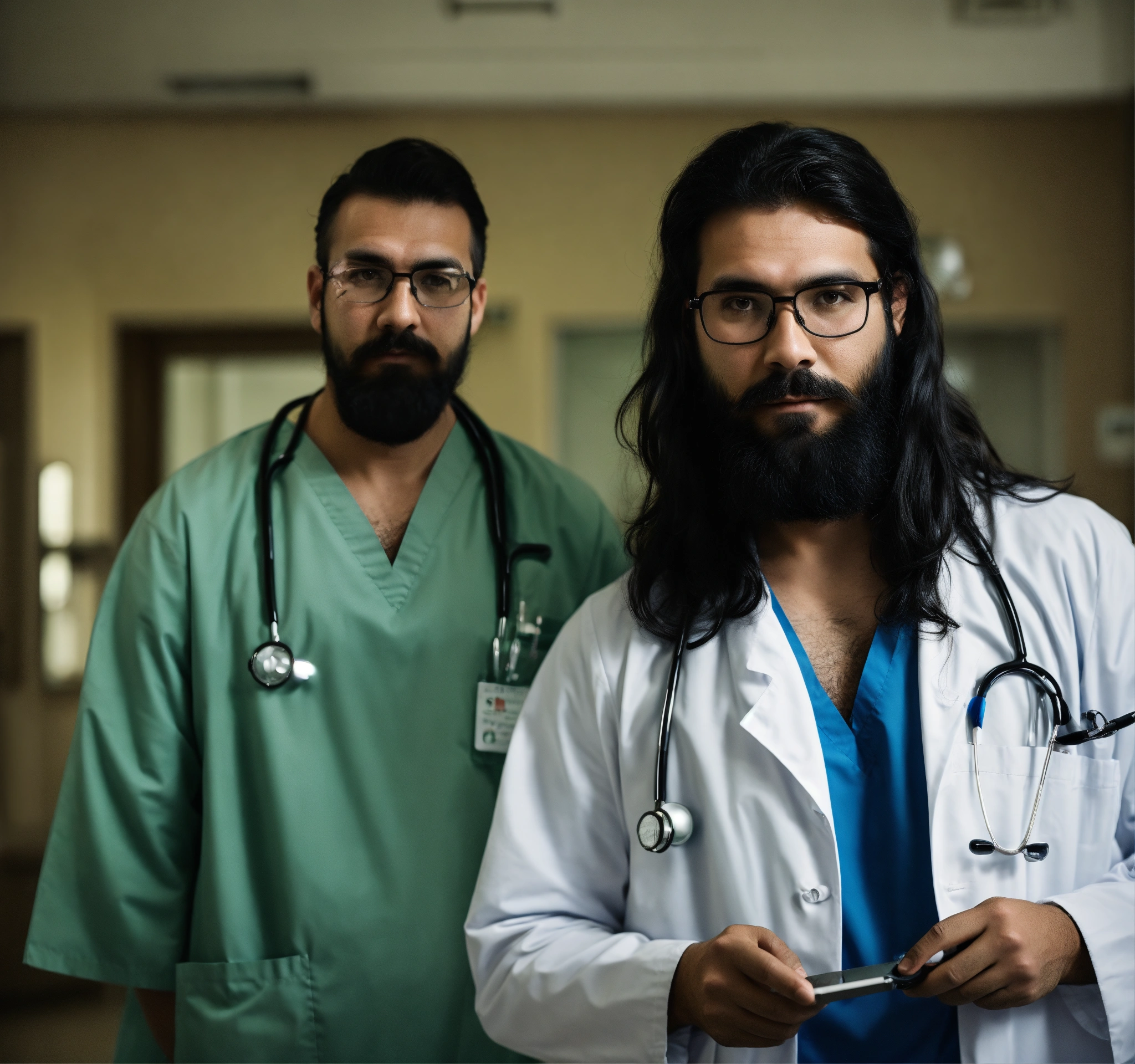 Lexica - Hospital nurse man skinny and tall with black long hair and ...