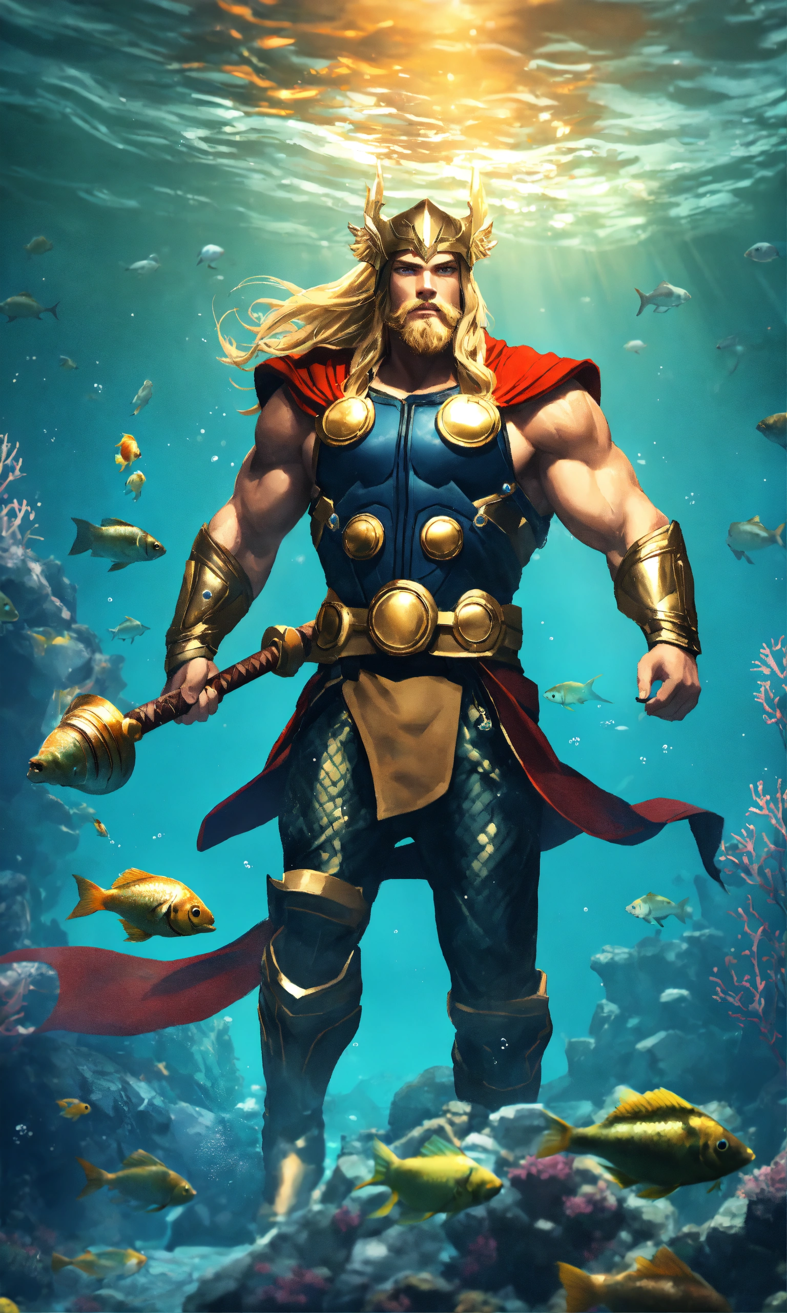 Lexica - Thor with fish underwater in the ocean, nature background, 2D ...