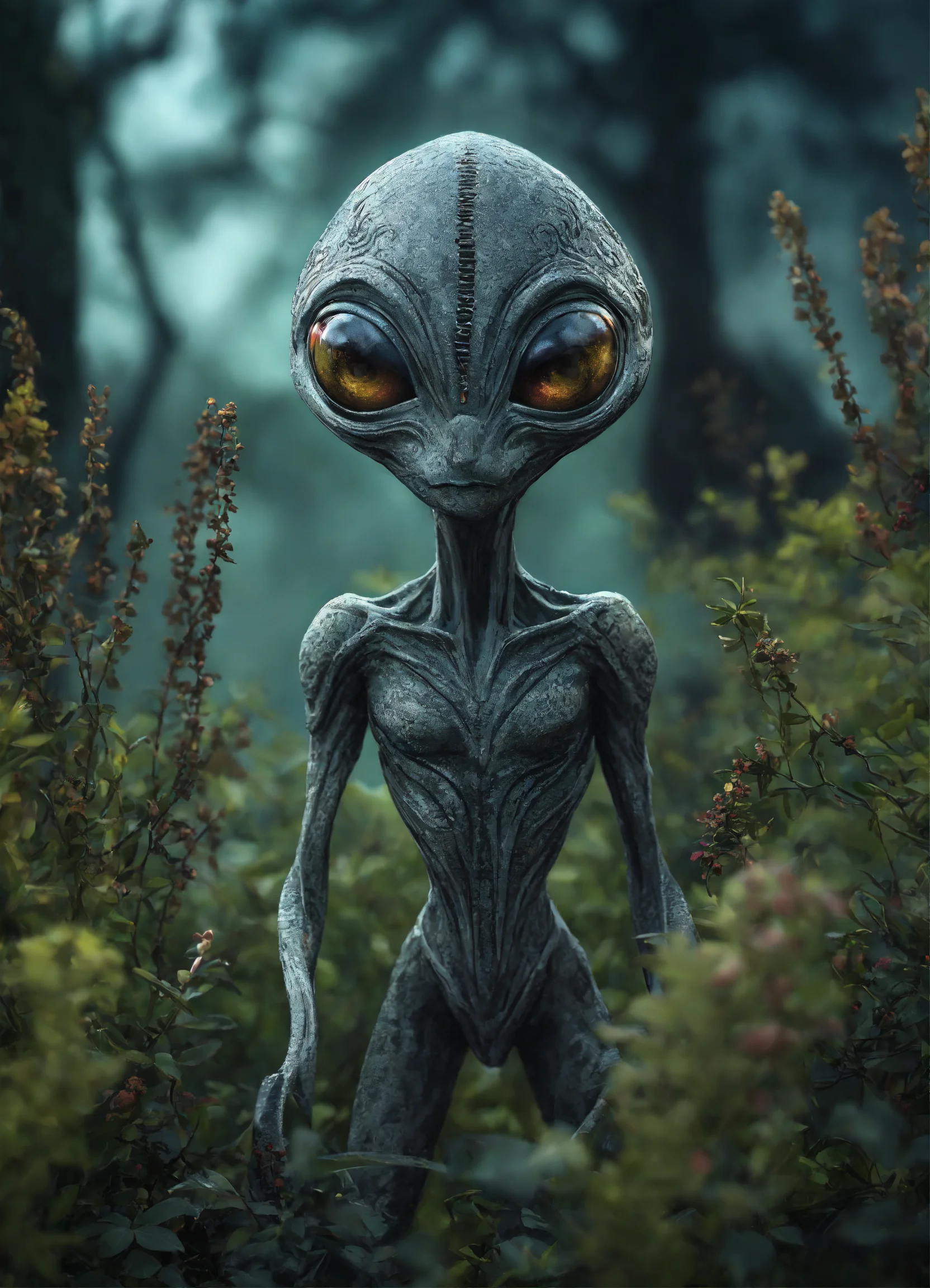 Lexica - Alien gris pequeño escondido entre arbustos anochecer nublado