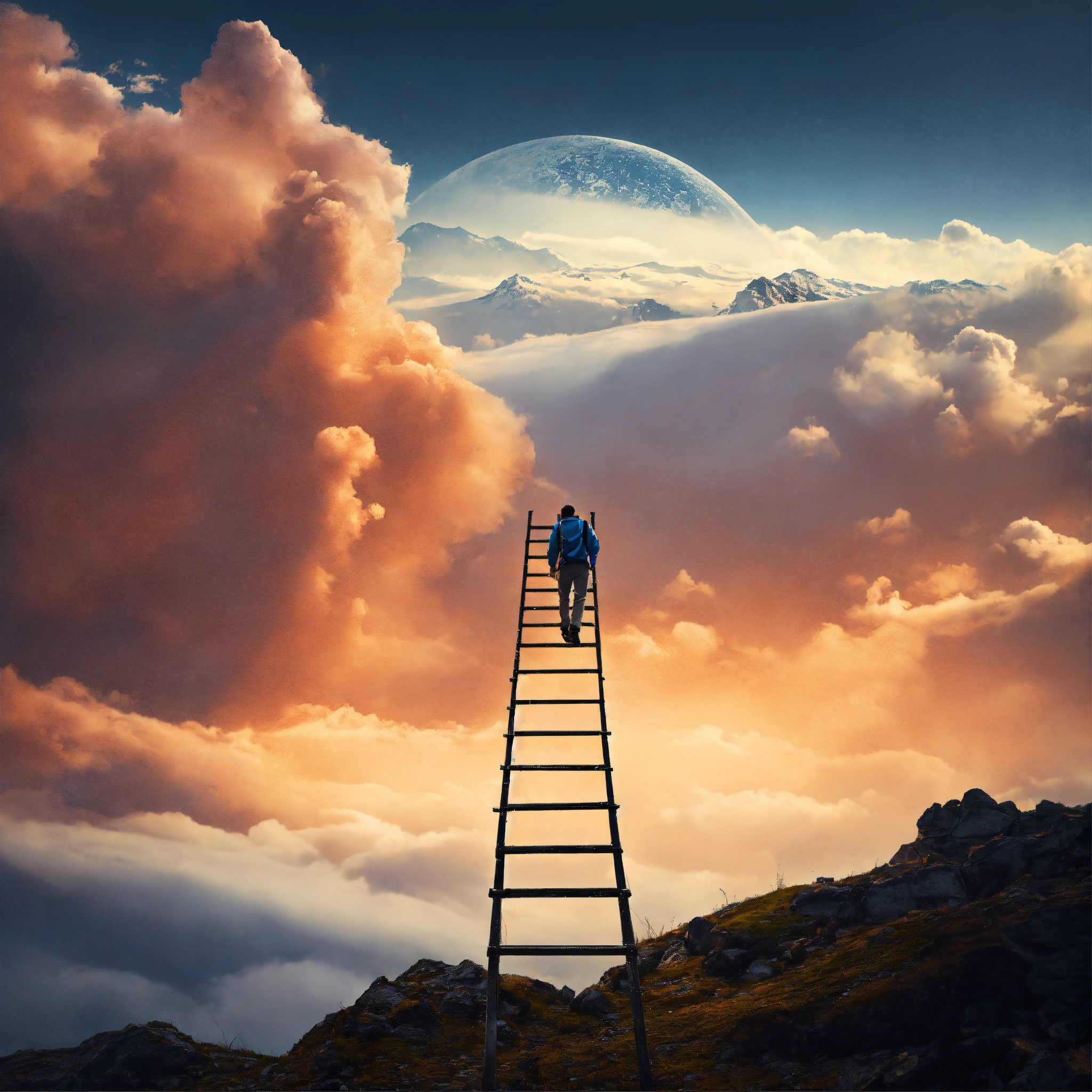 Lexica - A man walks into the clouds on a ladder up a mountain.