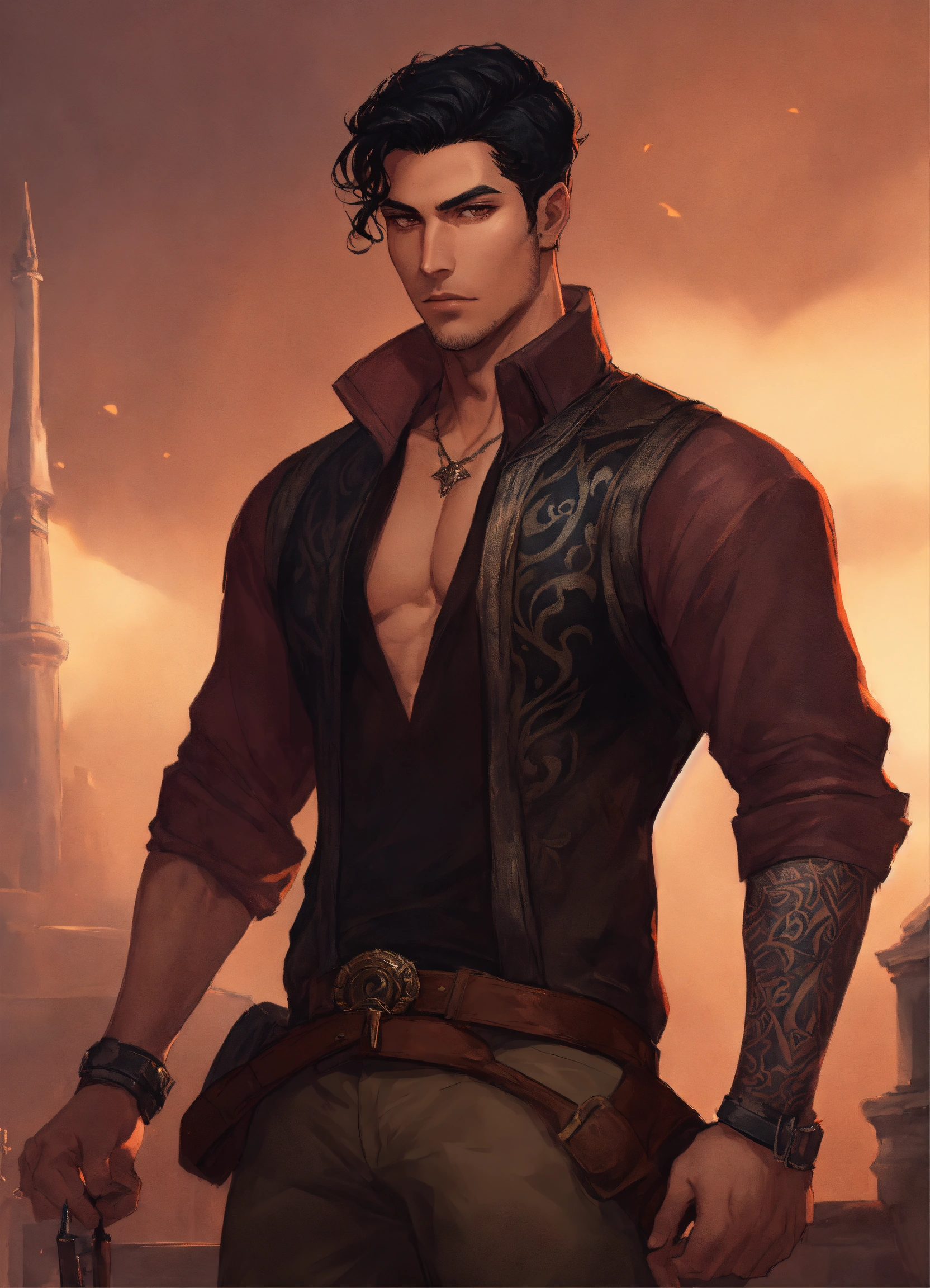 Lexica - A tall and broad man with short, jet-black hair that frames a ...