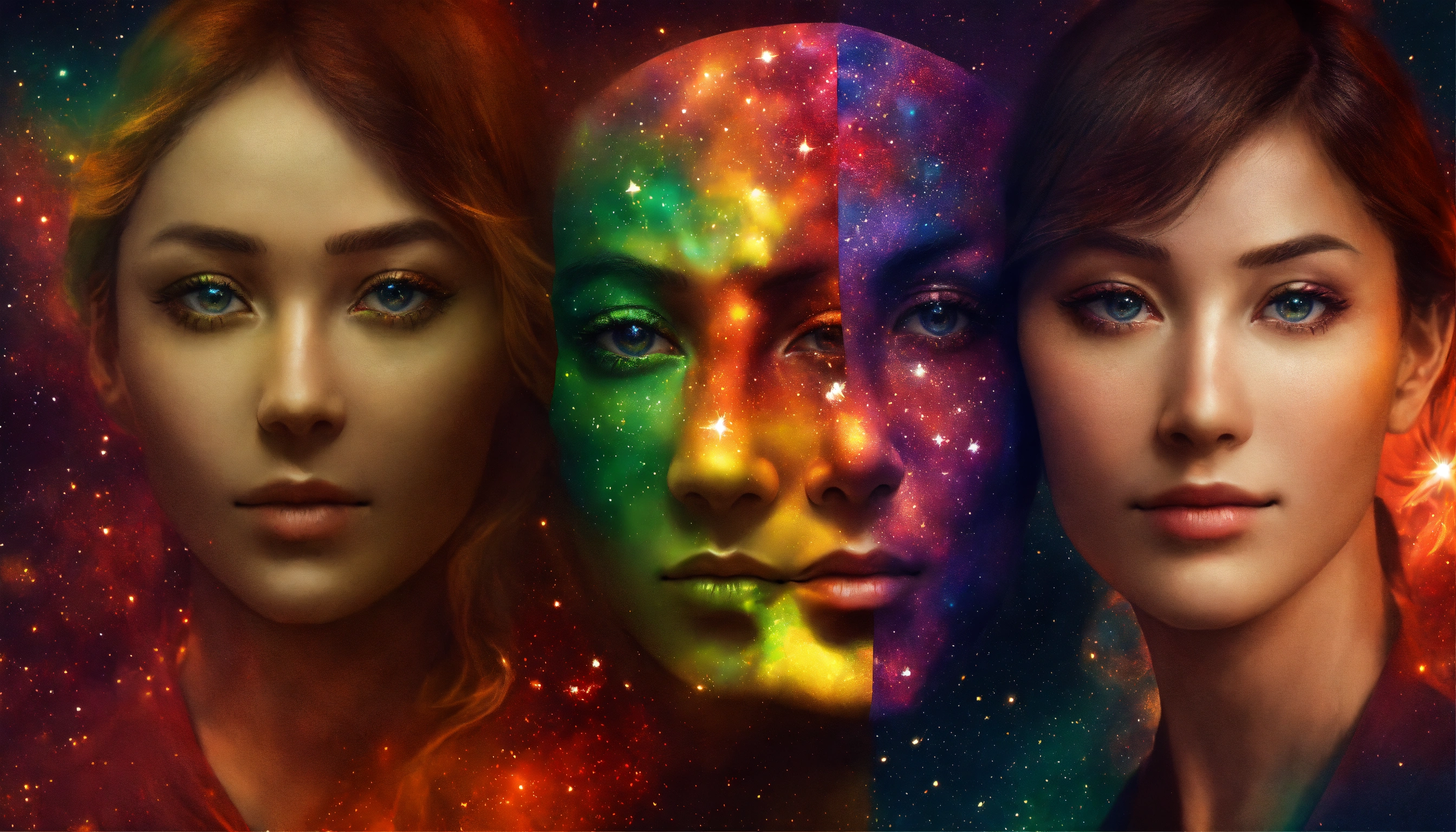 Lexica - Two faces, one smiling, the other frowning, universe and stars ...