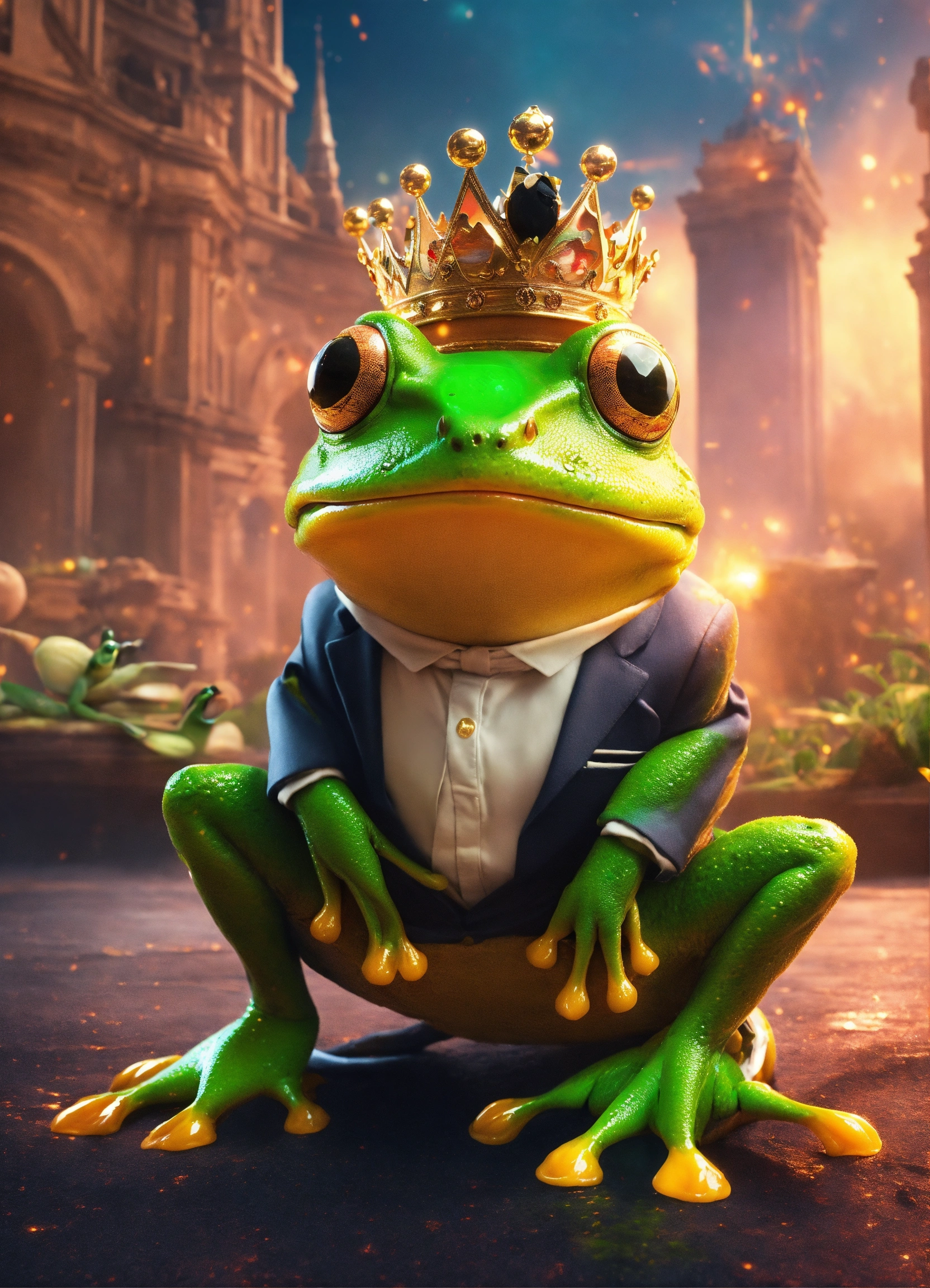 Lexica - Cute frog in suit and crown with lady frog taking a chance ...