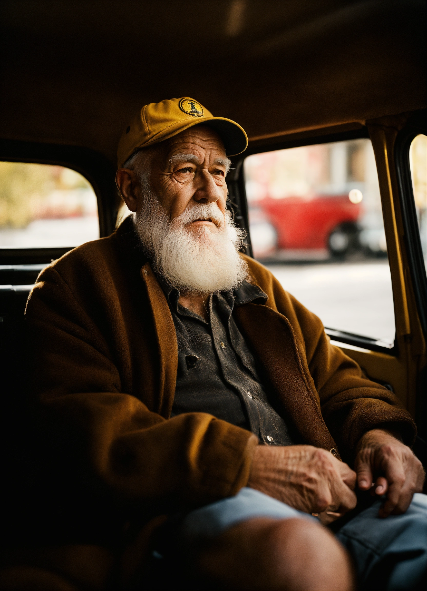 Lexica - A wise old man with white beard and baseball cap in a taxi cab ...