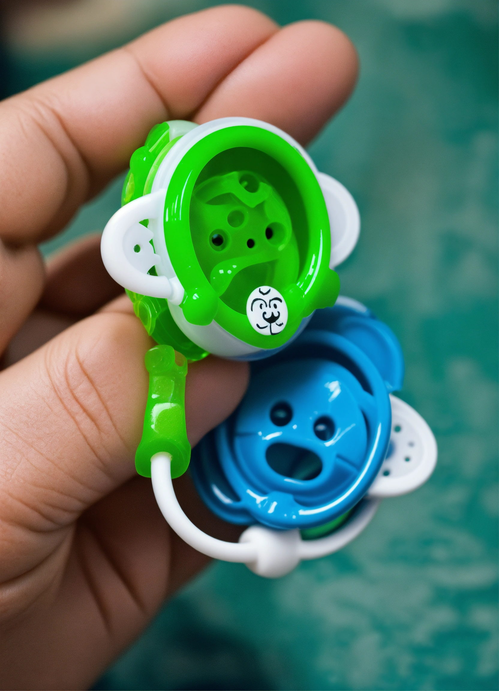 Lexica - A green pacifier, a blue pacifier and a white pacifier with ...