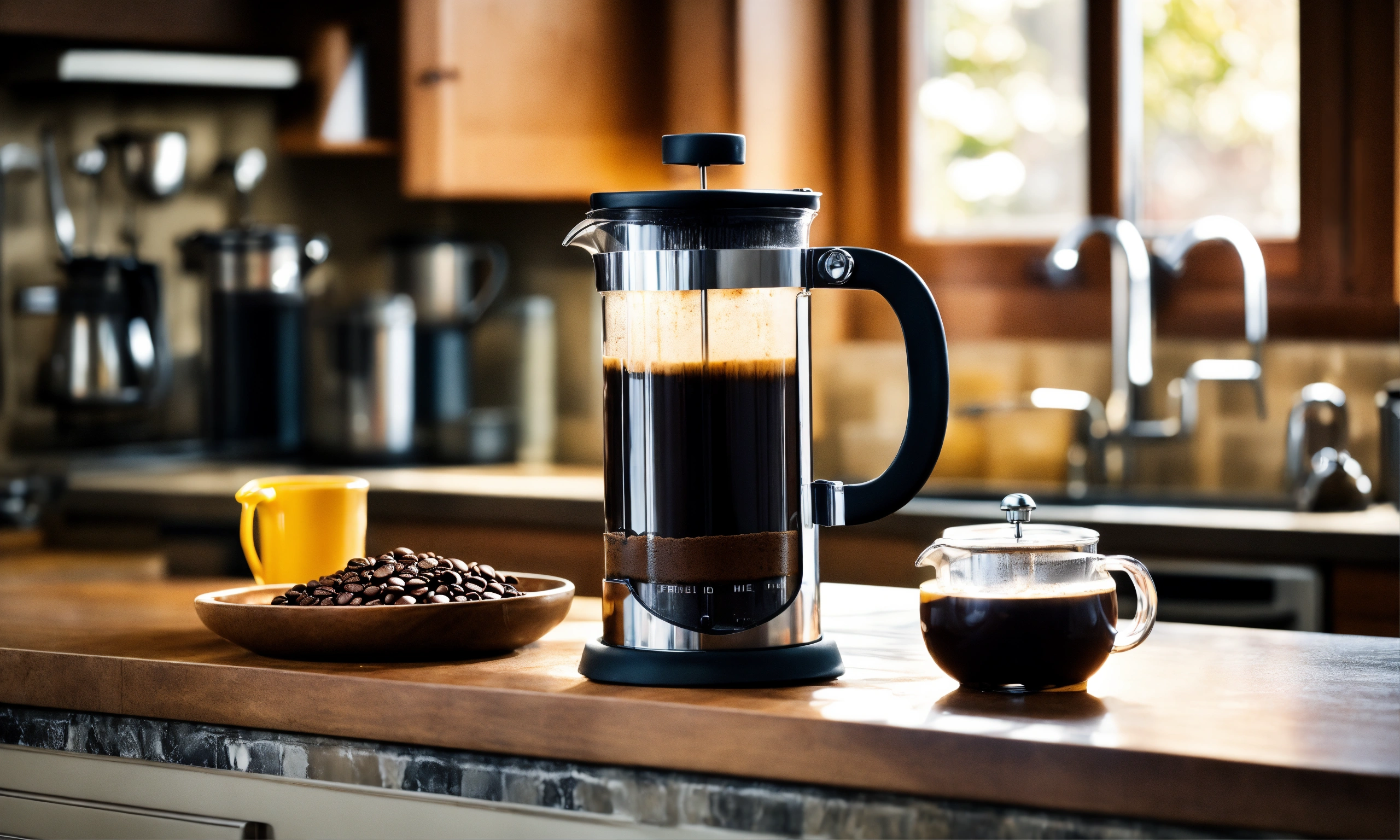 Lexica - Generate an image of a French press along with freshly ground ...