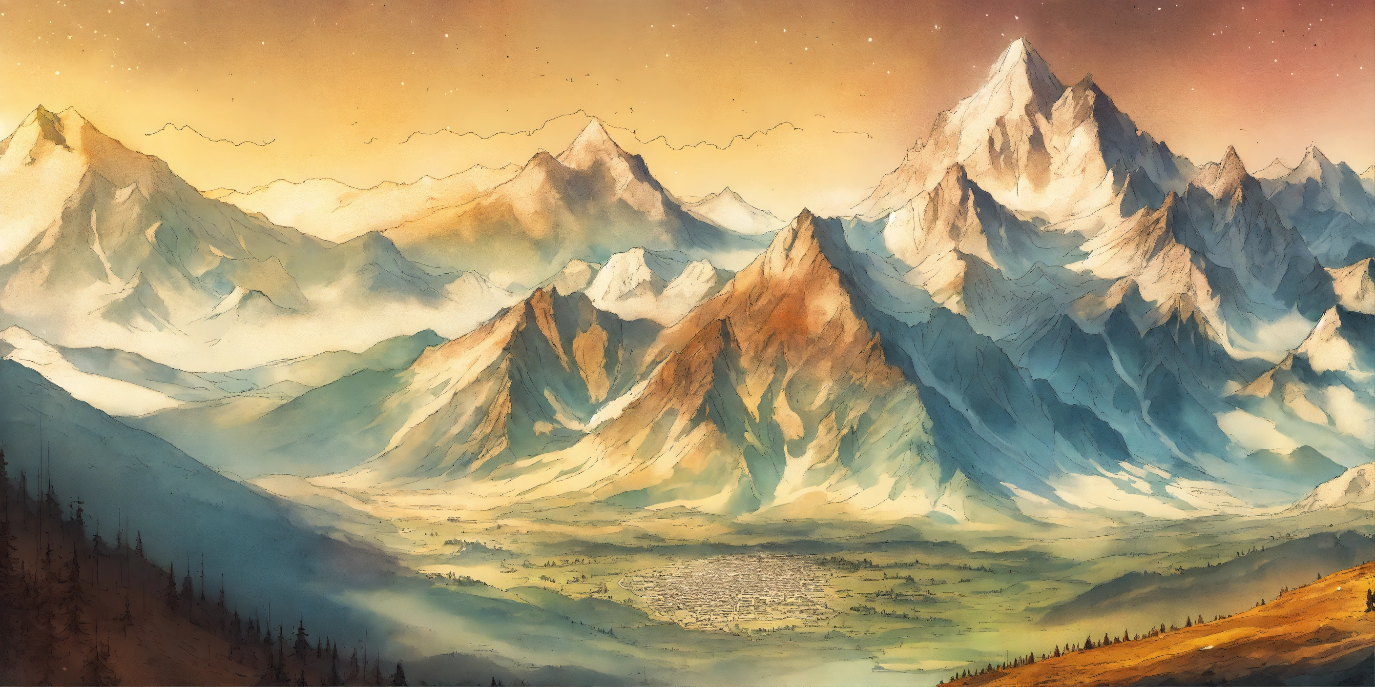 Lexica - Fantasy map with mountains and snow peaks. sketch print with ...