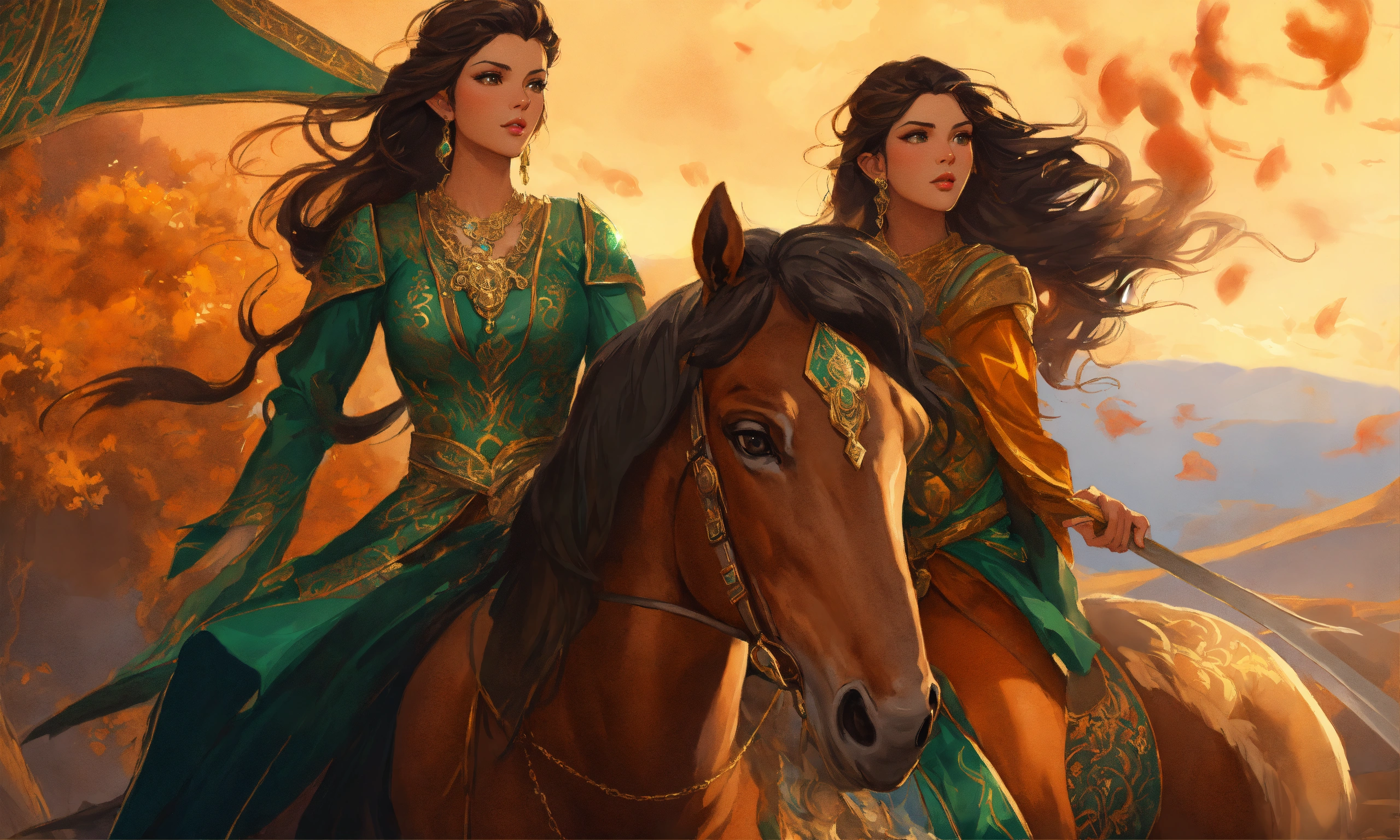 Lexica - Two Gorgeous Persian elf female warriors riding two large ...