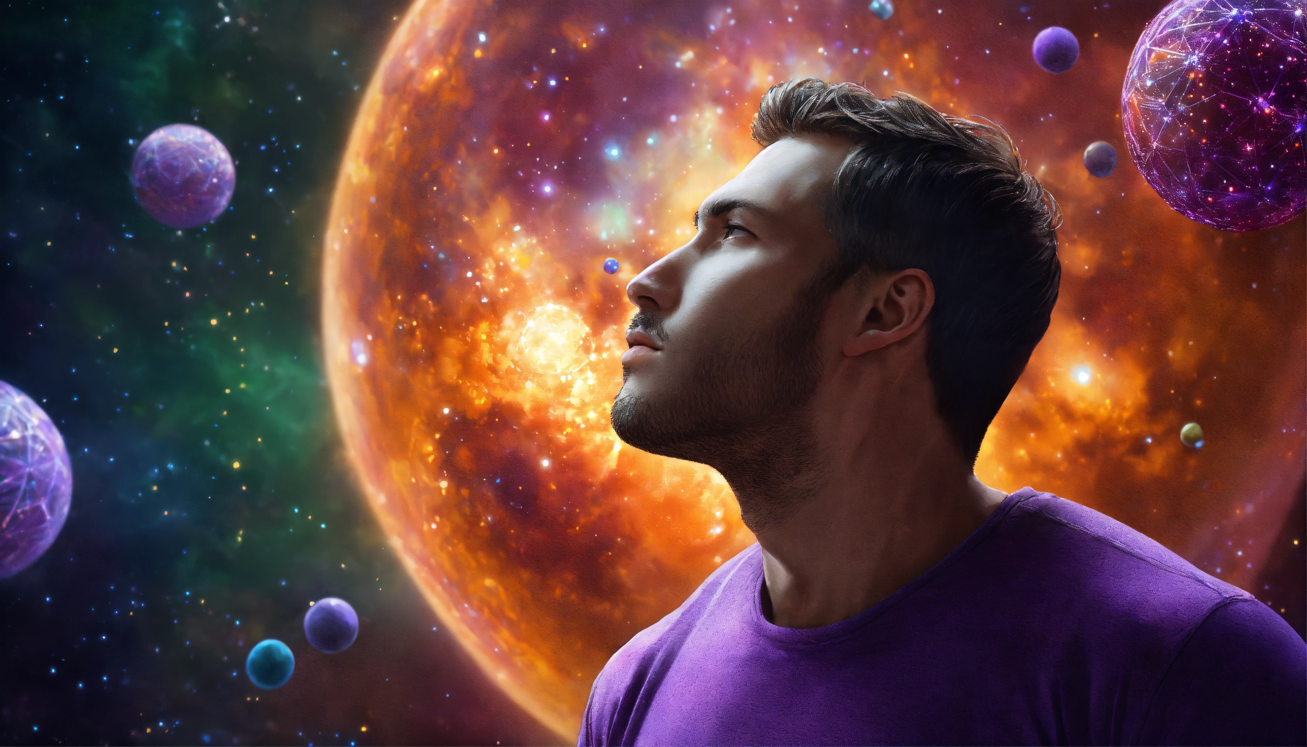 Lexica - Well built man looking up, dna strands floating in the ...