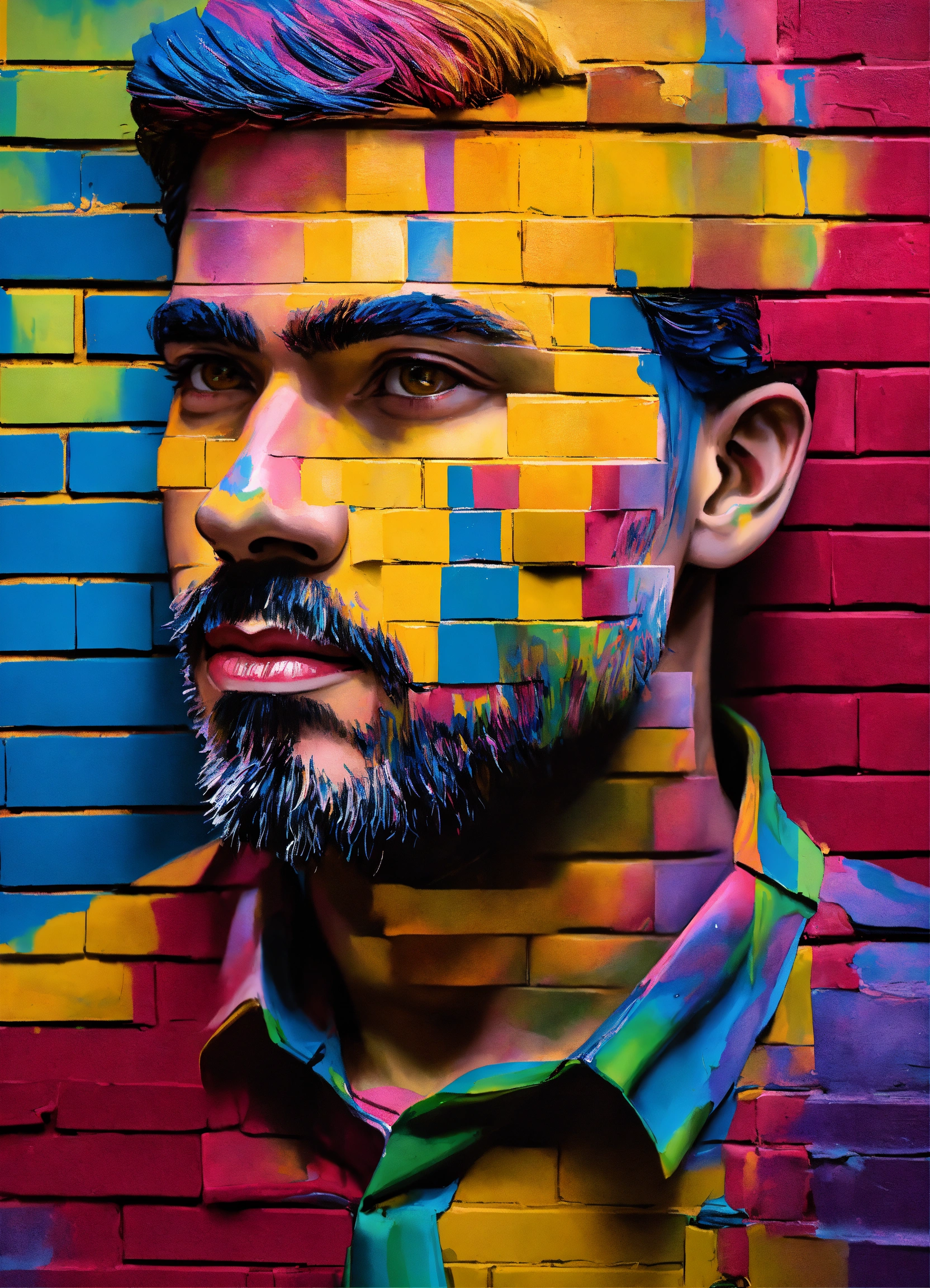 Lexica - Imagine a man painted on a brick wall. This man is in several ...