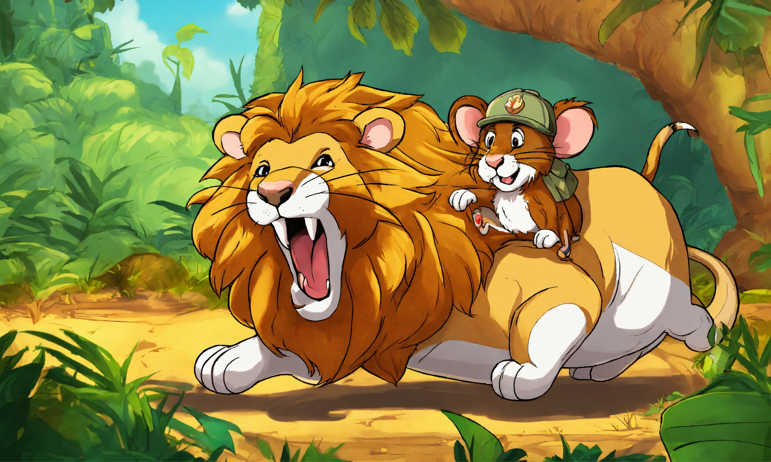 Lexica - A jungle cartoon rat is jumping on cartoon sleeping lion