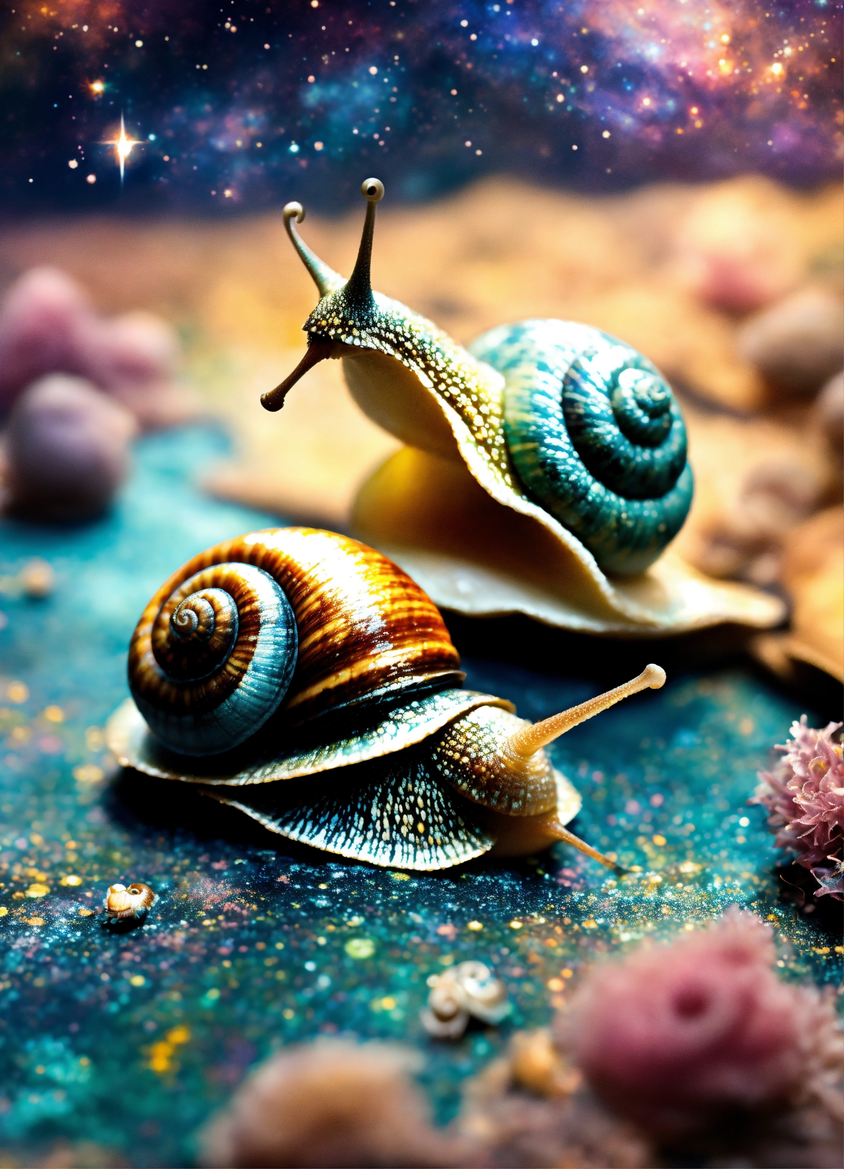 Lexica - 2 snails, galaxy background, and in van gogh style and pastel colors Fantasy