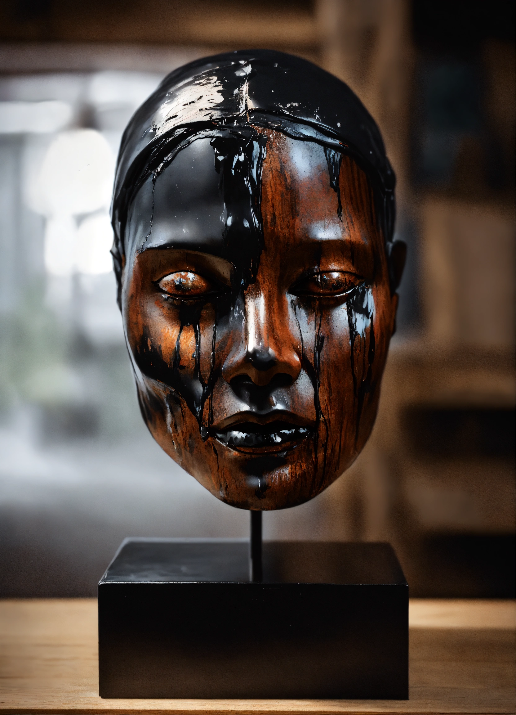Lexica - A wood sculpture of a head, black paint melted, hd render ...