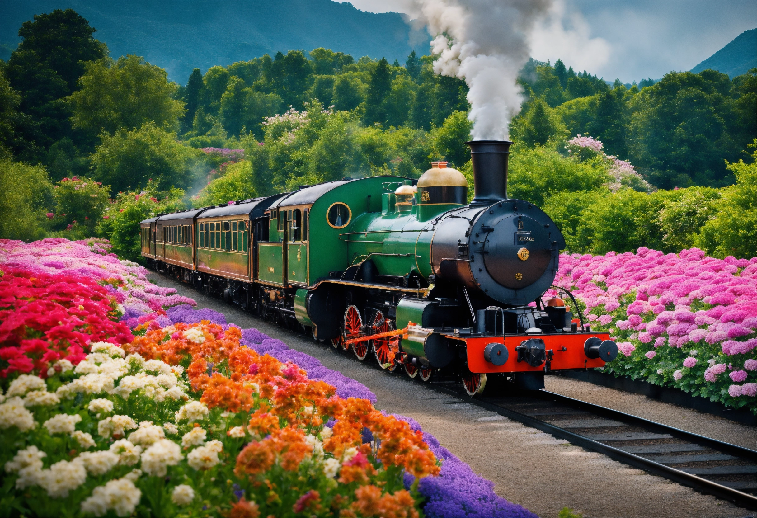 Lexica - Near future, steam locomotive, Running through a flower garden ...