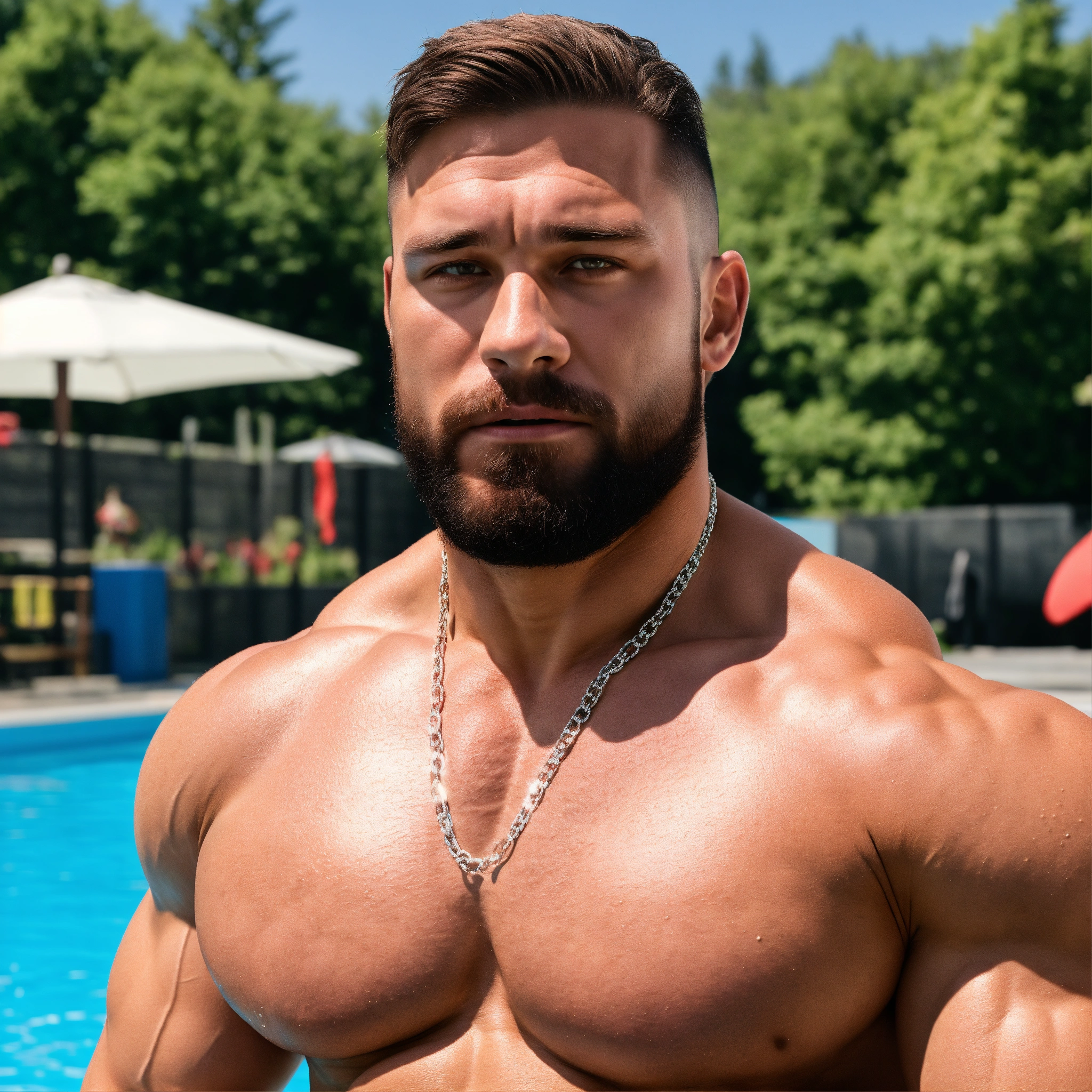 Lexica - 30-year-old man with big muscles, big bodybuilder, body like a wrestler, in a pool, german