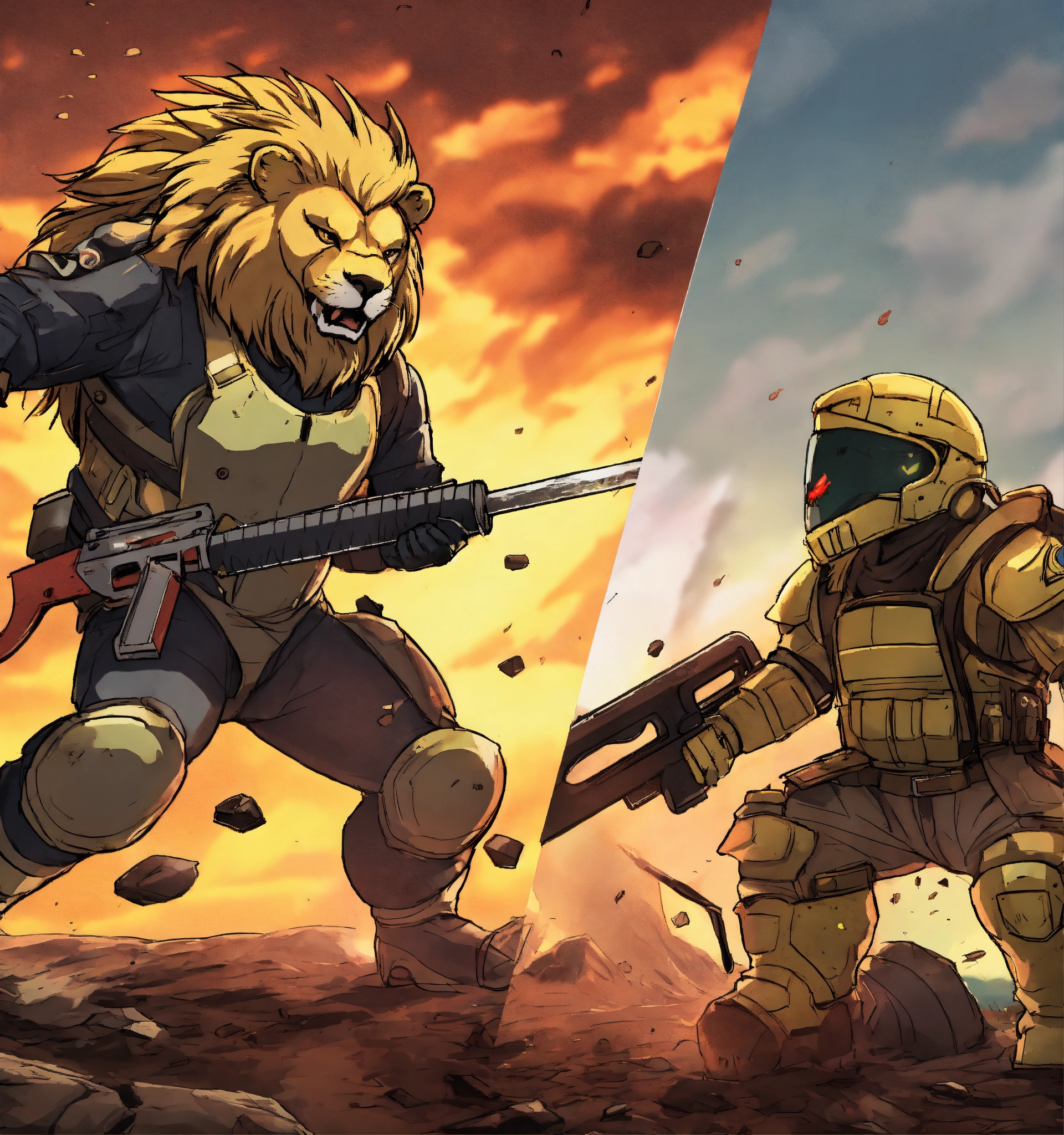 Lexica - Anime humanoid lion soilder fighting with a chainsaw in his ...