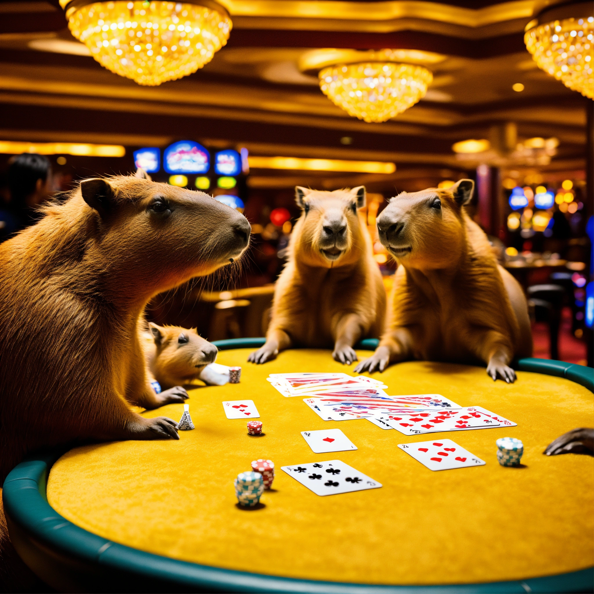 Lexica - Photo of a group of capybaras playing cards in a casino in Las ...
