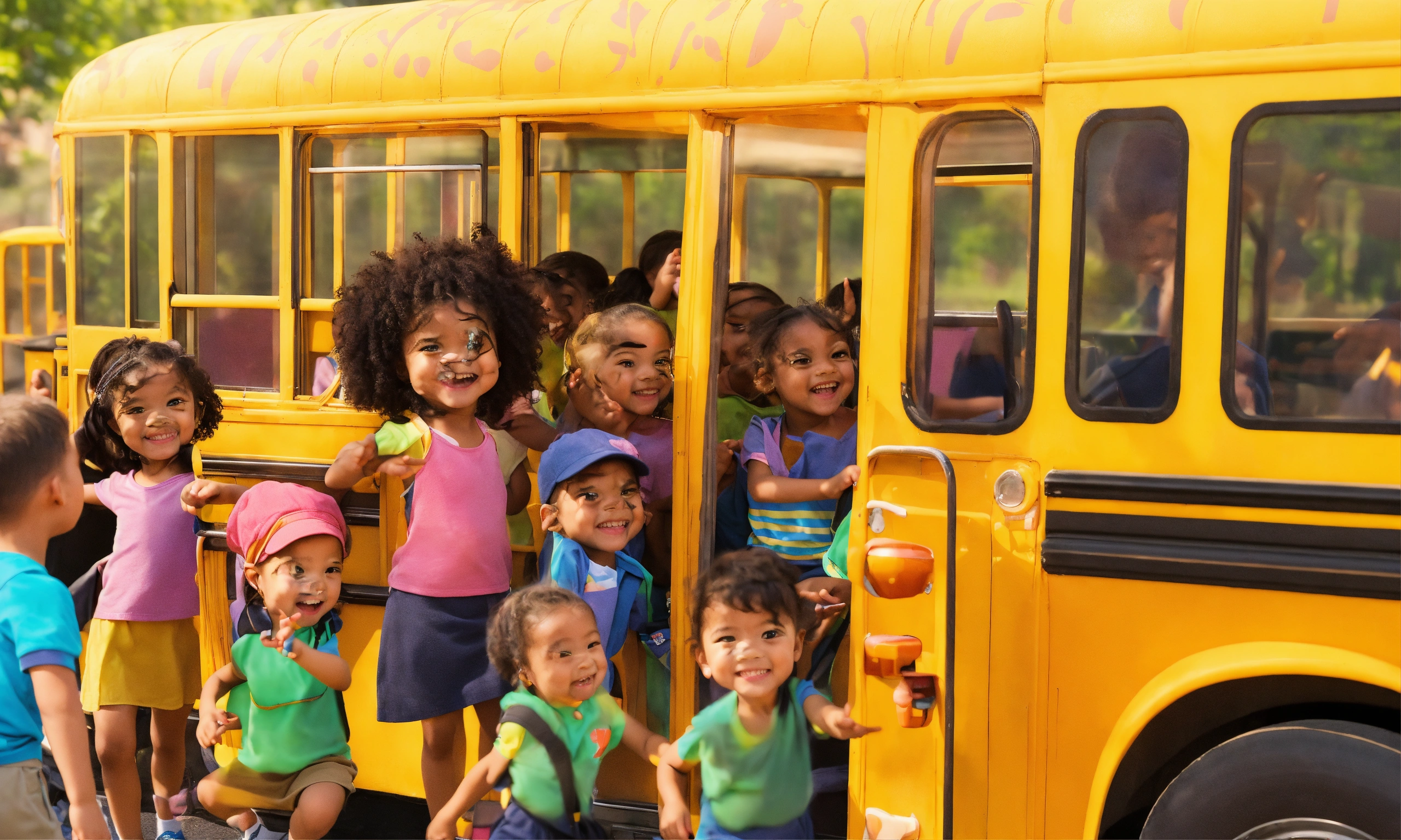 Lexica - "Create a vibrant and playful image of a school bus filled ...