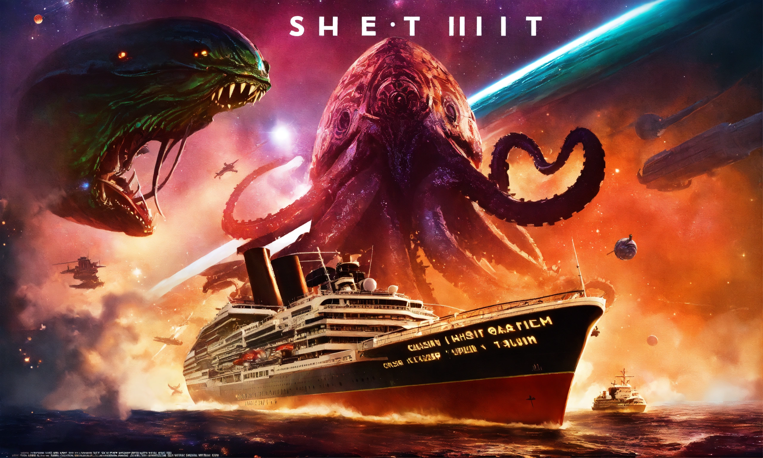 Lexica - Space kraken attacking cruiseship in space, movie poster. The ...