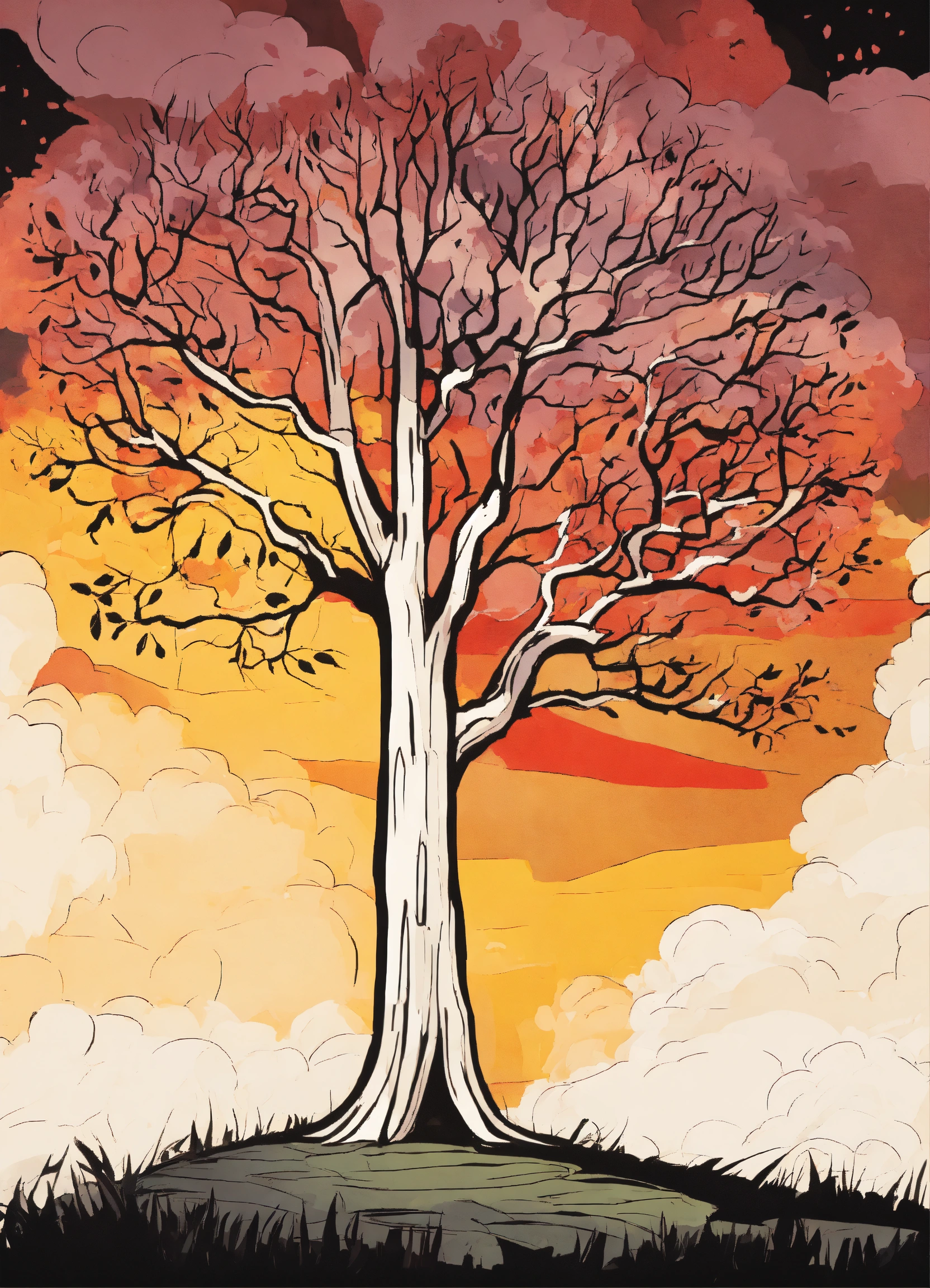 Lexica - Cartoon tree fading into white, black outlines, white ...