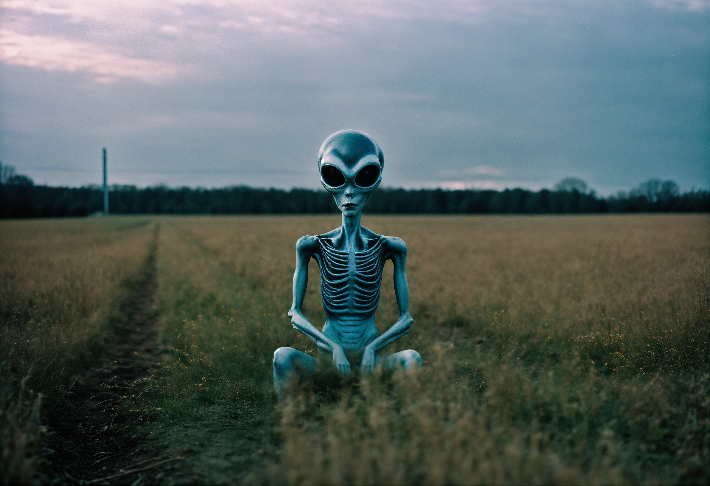 Lexica - Very creepy grey alien floating above the ground in a field ...