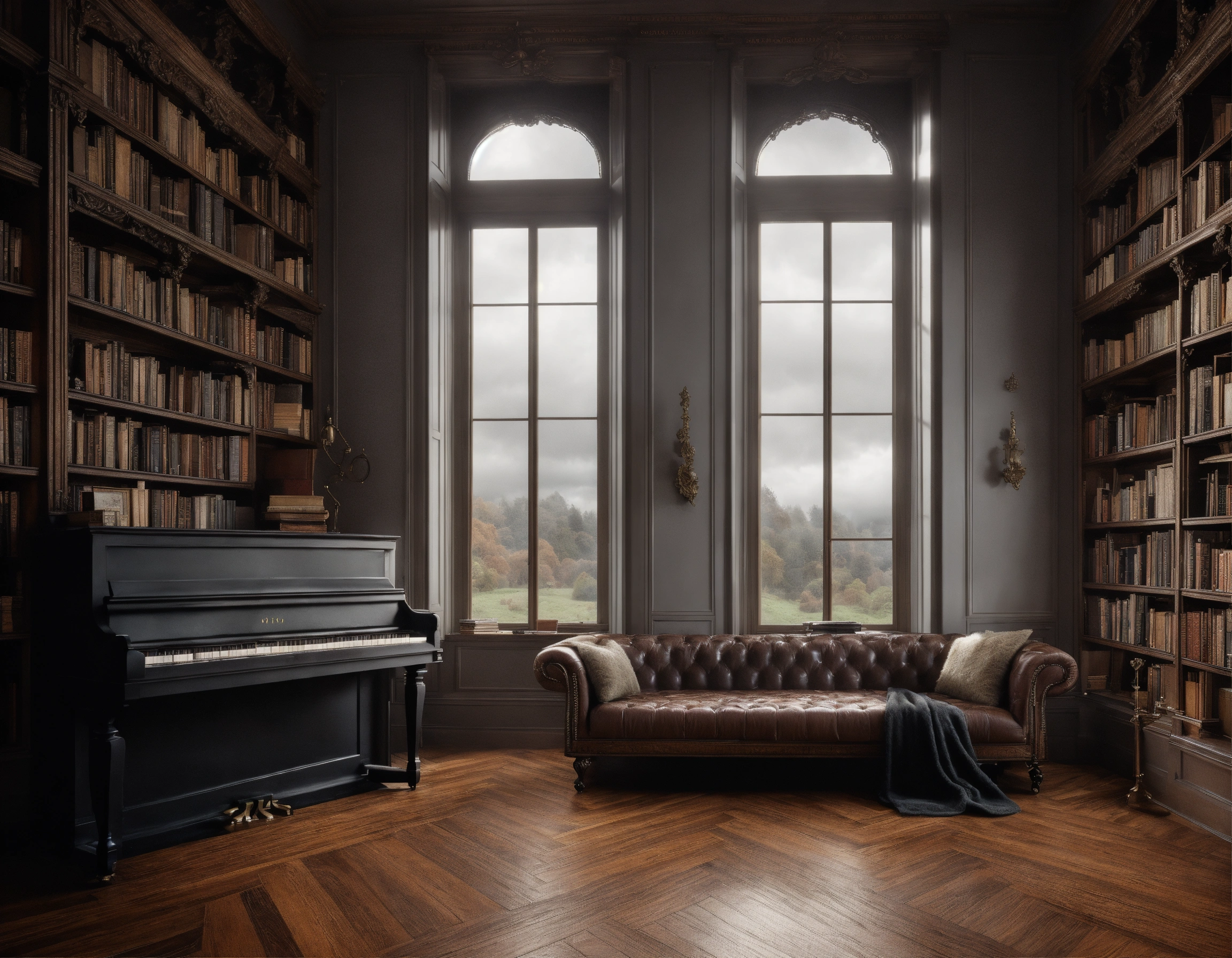 Lexica - Beautiful library with wooden floor, fireplace, carpets, piano ...