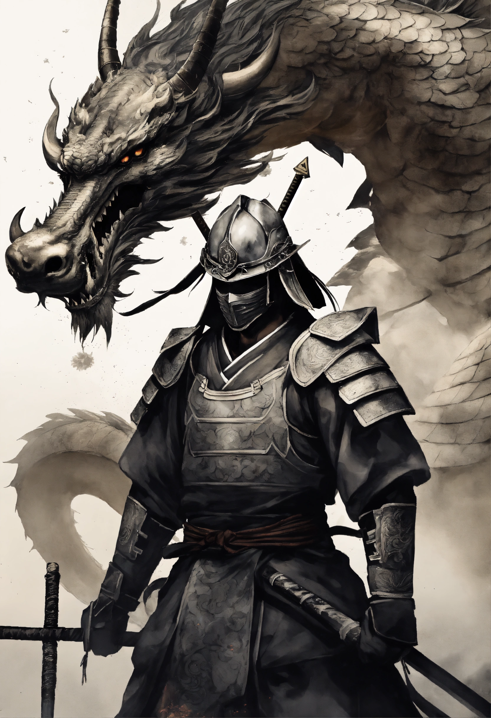 Lexica - Japanese samurai in front of a dragon, in the style of ...
