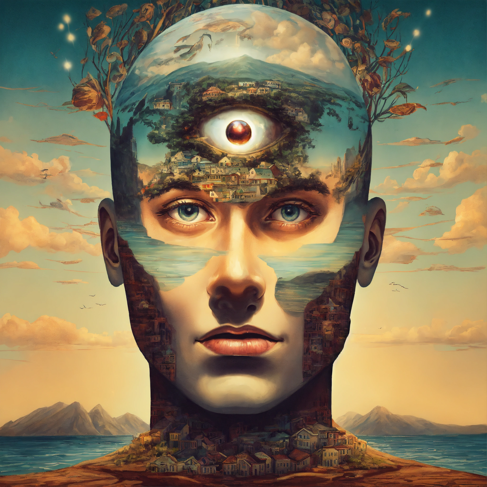 Lexica - Illustration of a man inside a human head looking out through ...