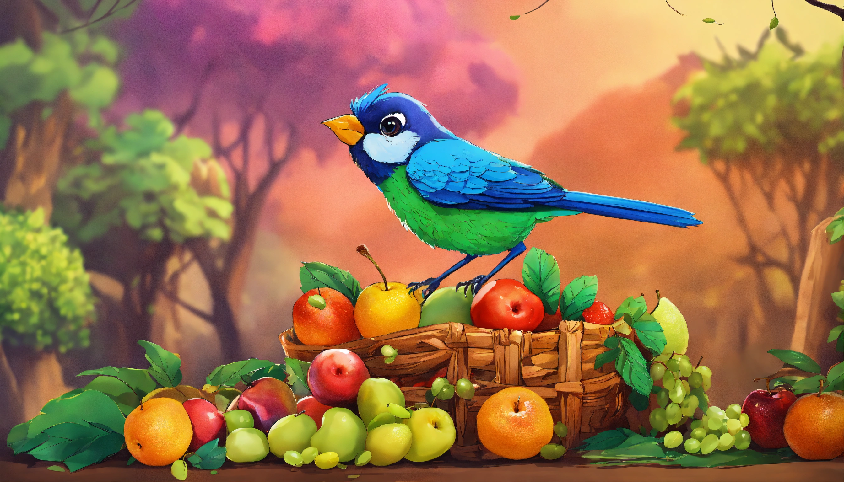 Lexica - A colorful bird is eating fruit, cartoon