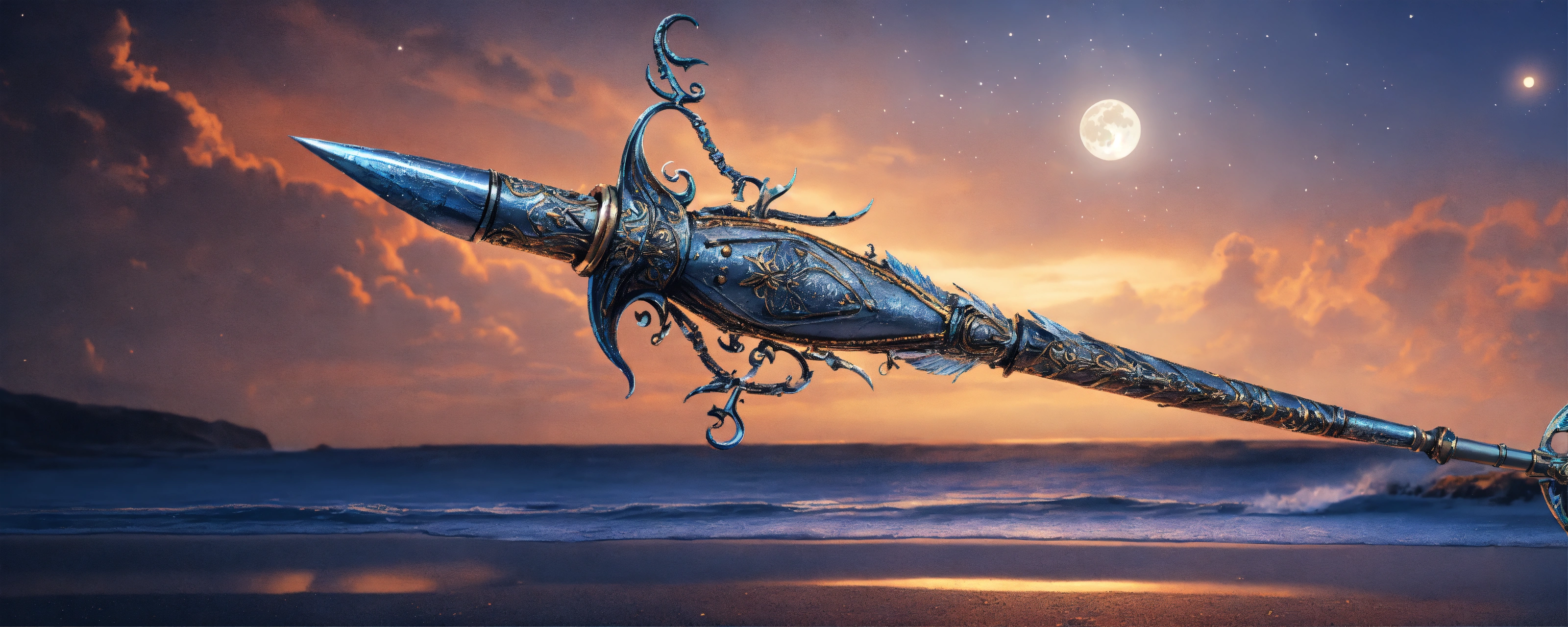 Lexica - 8k, picture of a very long gezackte harpoon with barbs made of ...