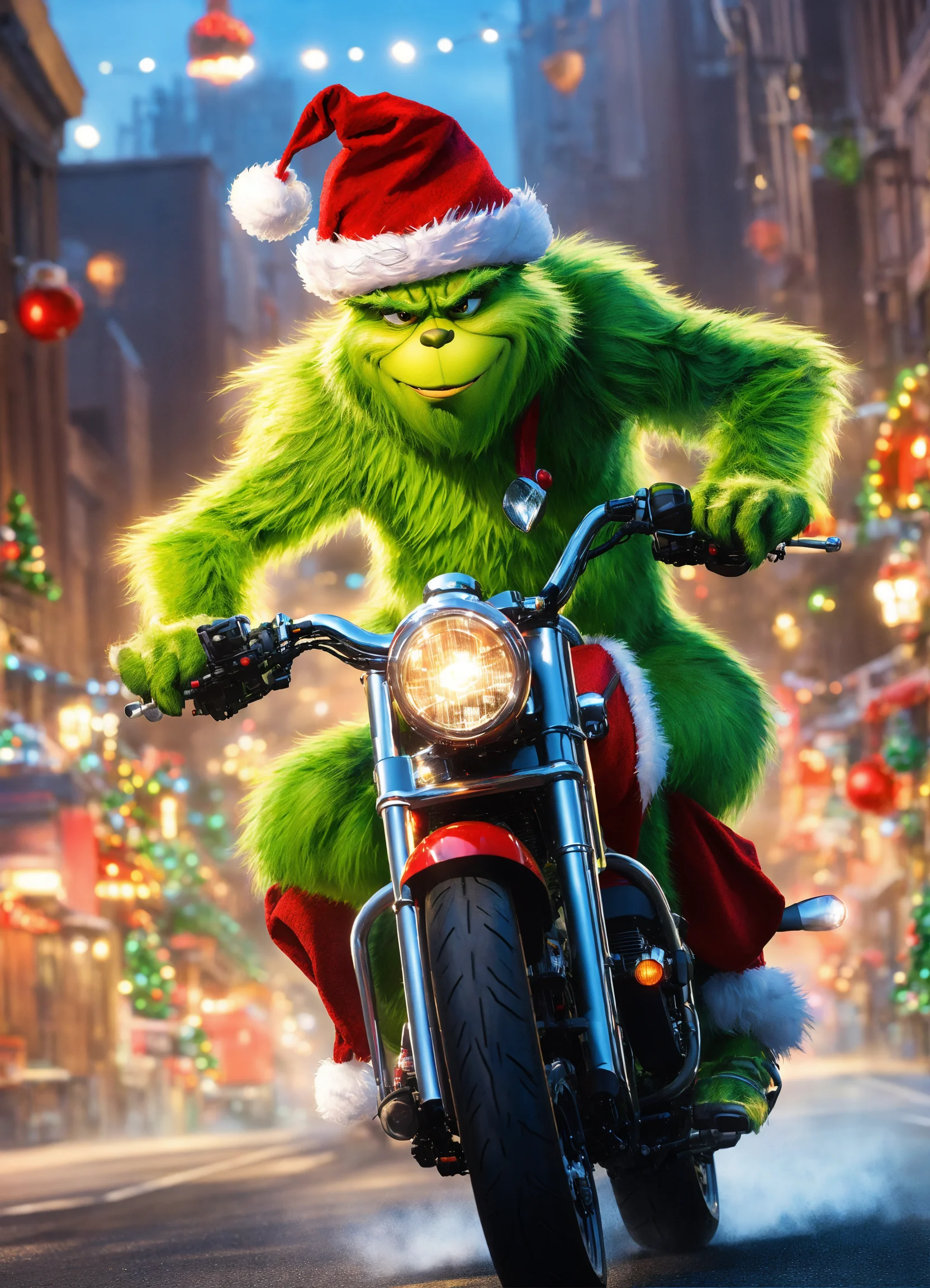 Lexica - Grinch with a christmas hat, driving a cafe racer motorcycle ...
