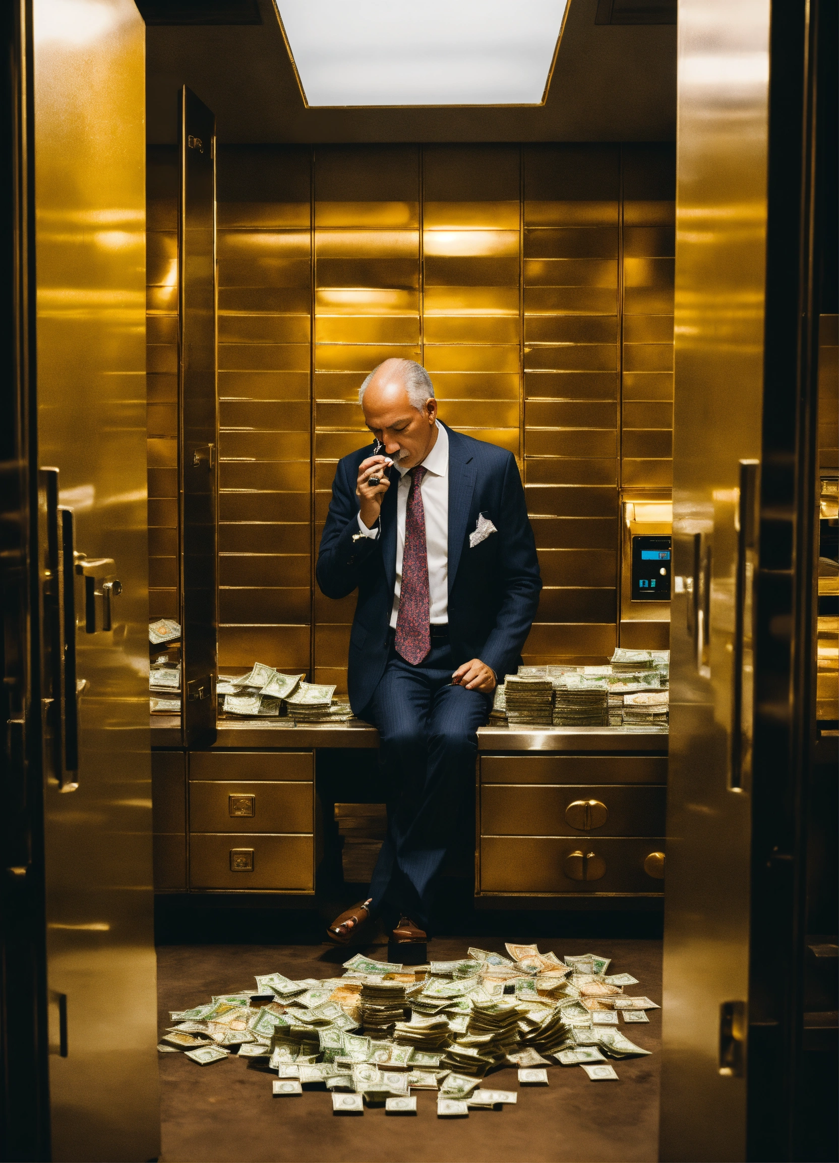 Lexica - Man counting money and smoking cigar inside a bank vault