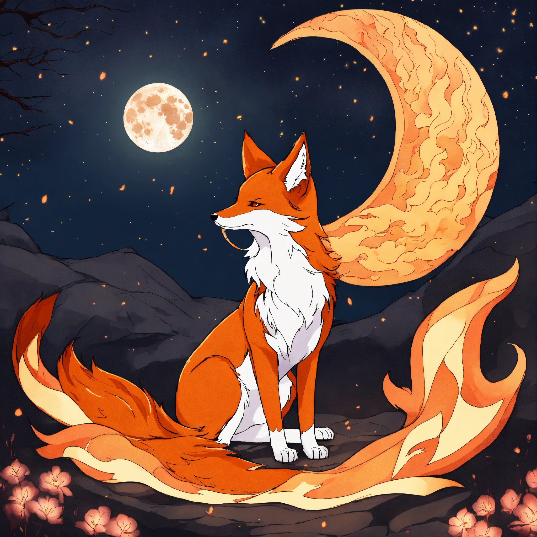 Lexica - Kitsune fox with flames coming out of it, full moon and night ...