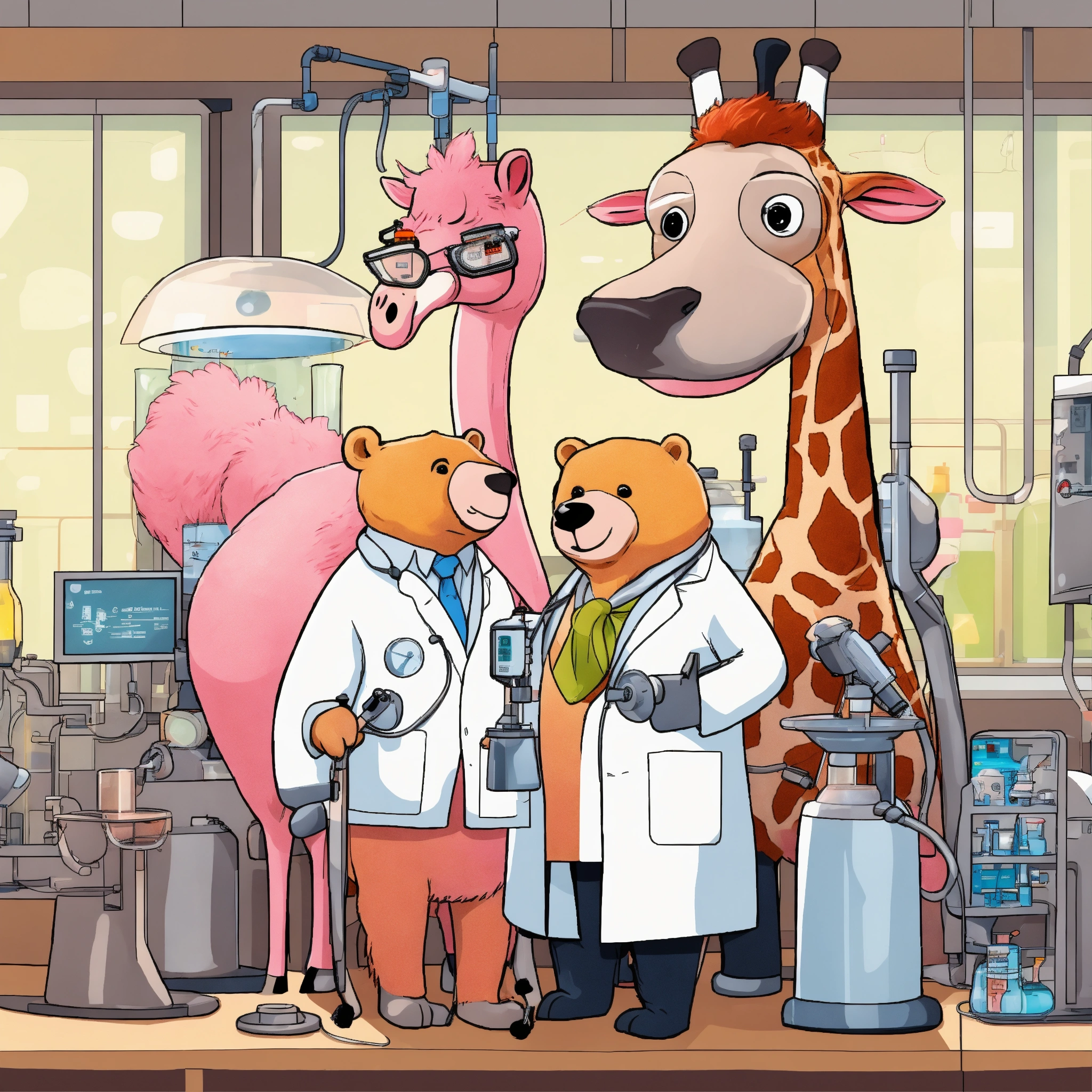 Lexica - A giraffe, a bear and a flamingo dressed as scientist with lab ...