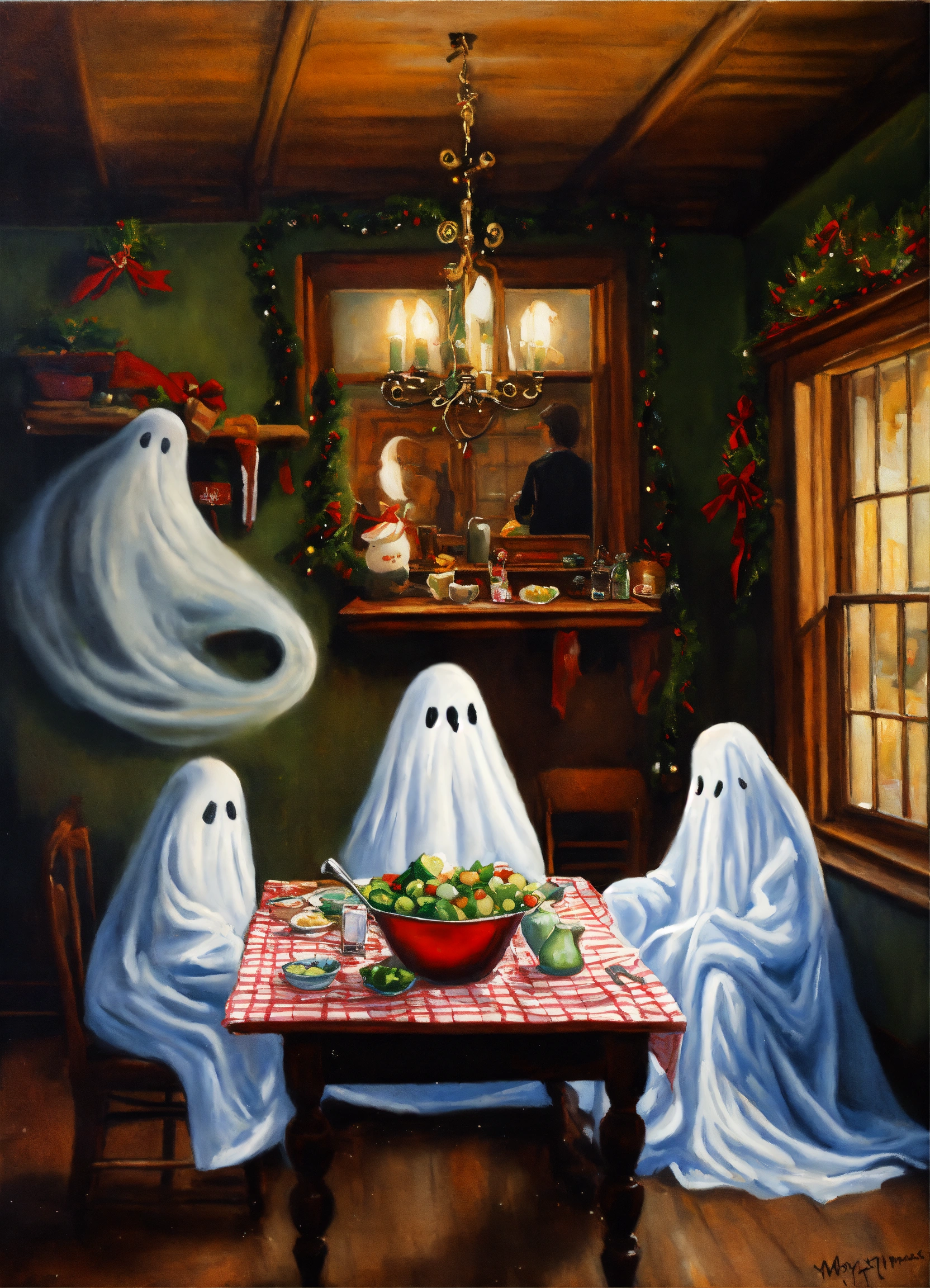 Lexica - Ghosts in a vintage kitchen enjoying their Christmas meals oil ...