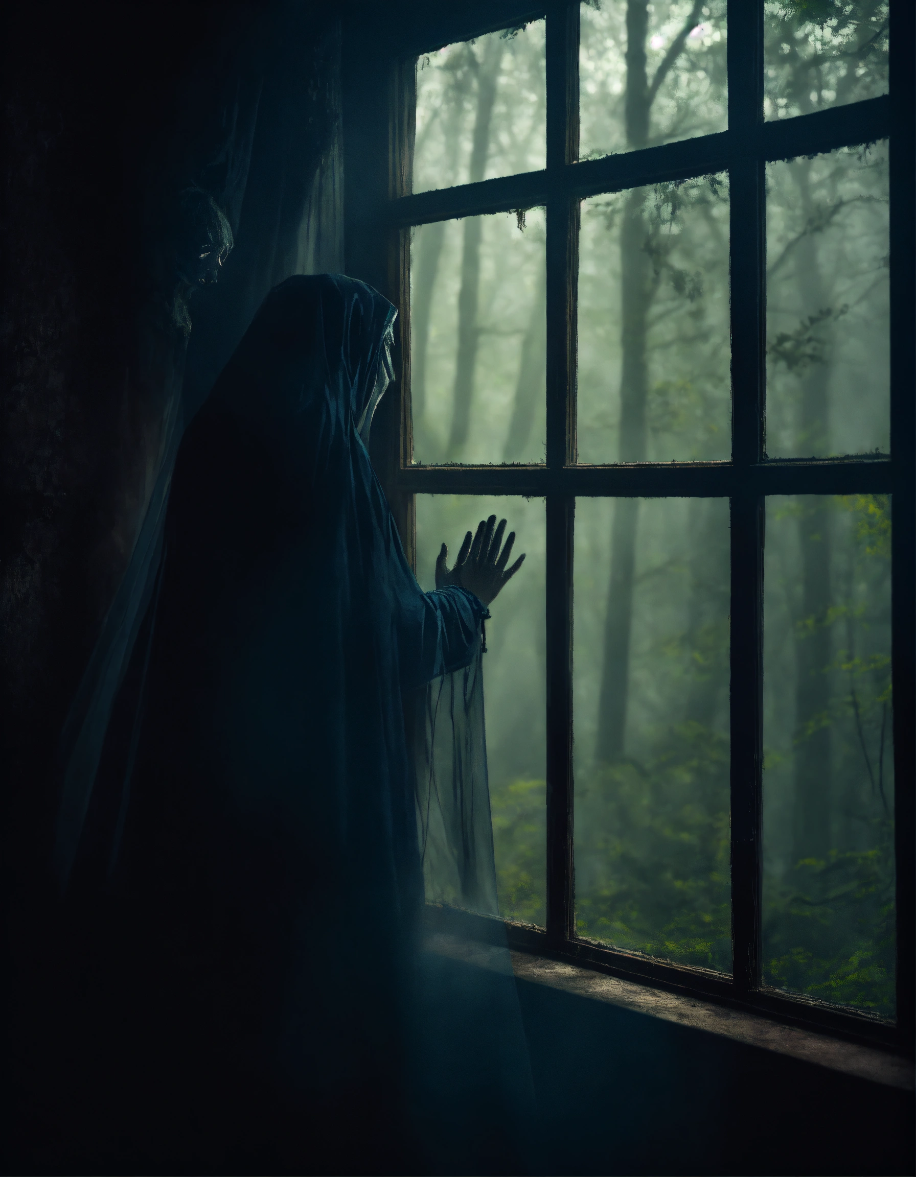 Lexica - Haunted ghost, scary, stalker, dark tones, misty forest ...