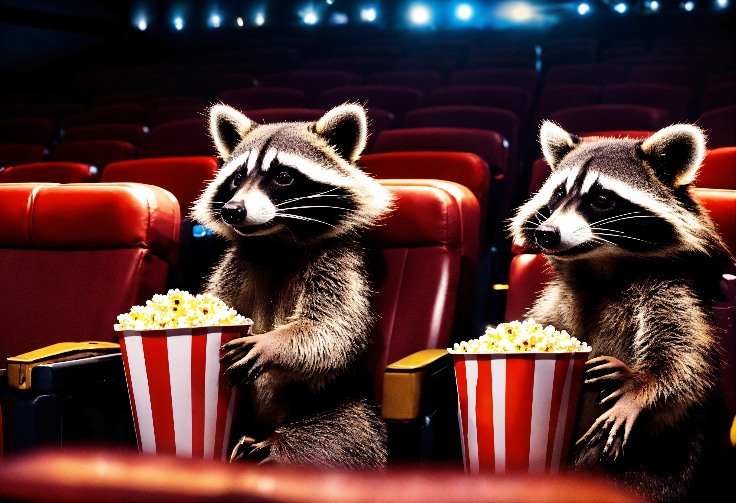 Lexica - Cute raccoons sitting in a movie theater eating popcorn and ...