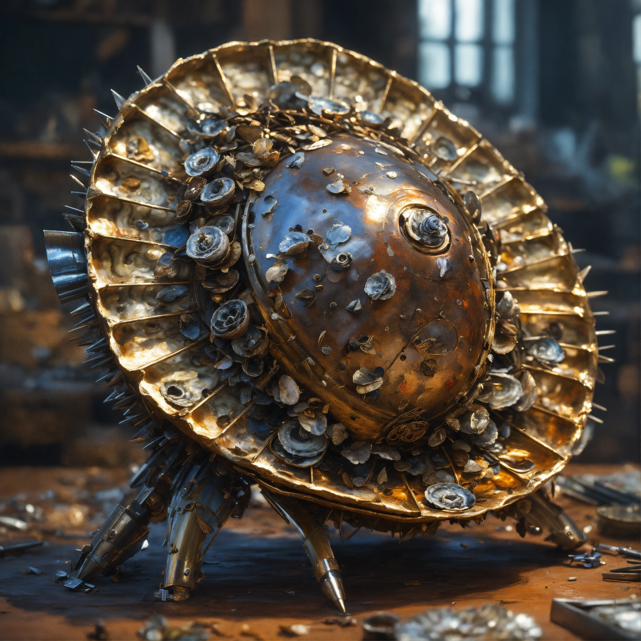 Lexica - Concept art of an oyster covered in metal scrap guns armor ...