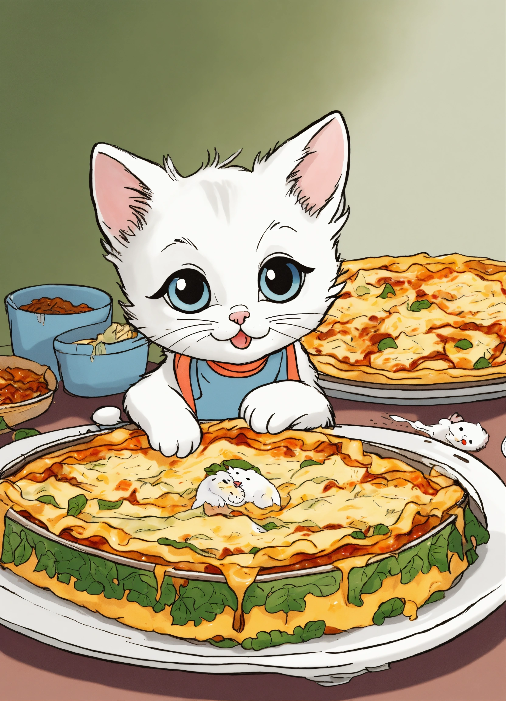 Lexica - A cute ADORABLE white LITTLE cat WITH BIG EYES, eating messy ...