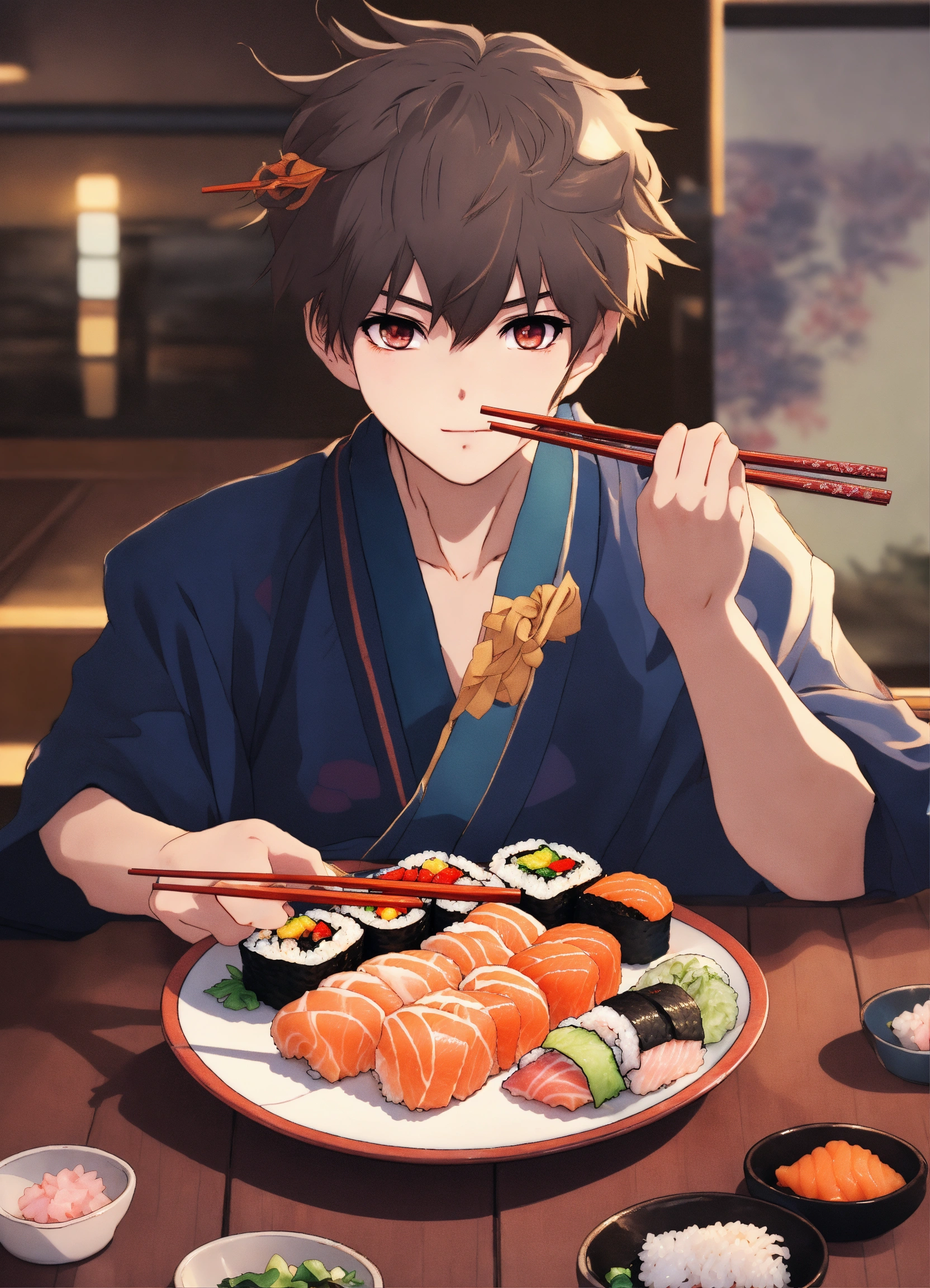 Lexica - Anime boy eat sushi with chopsticks