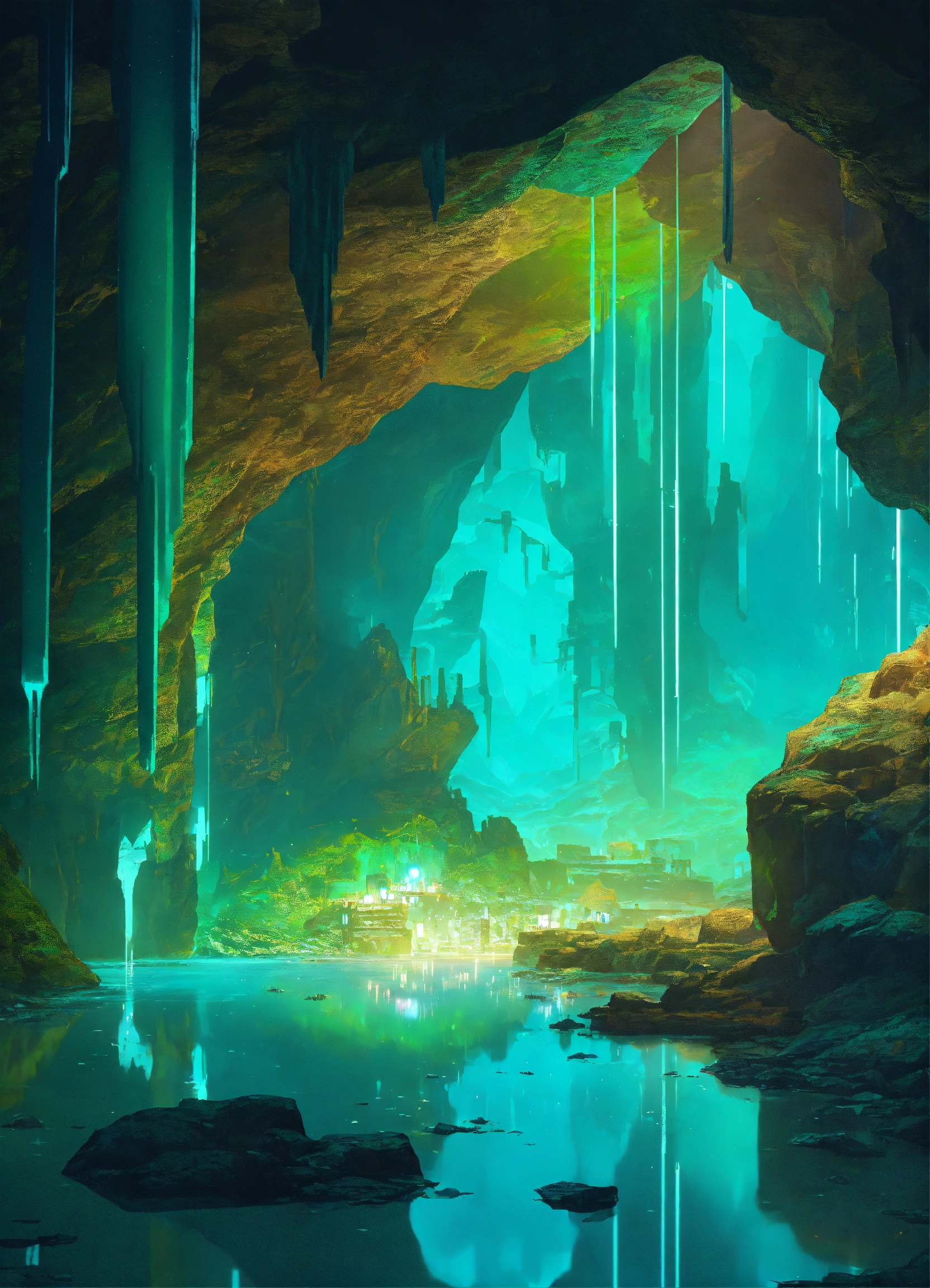 Lexica - A cyberpunk cave with glowing crystals, turquoise color pallet ...
